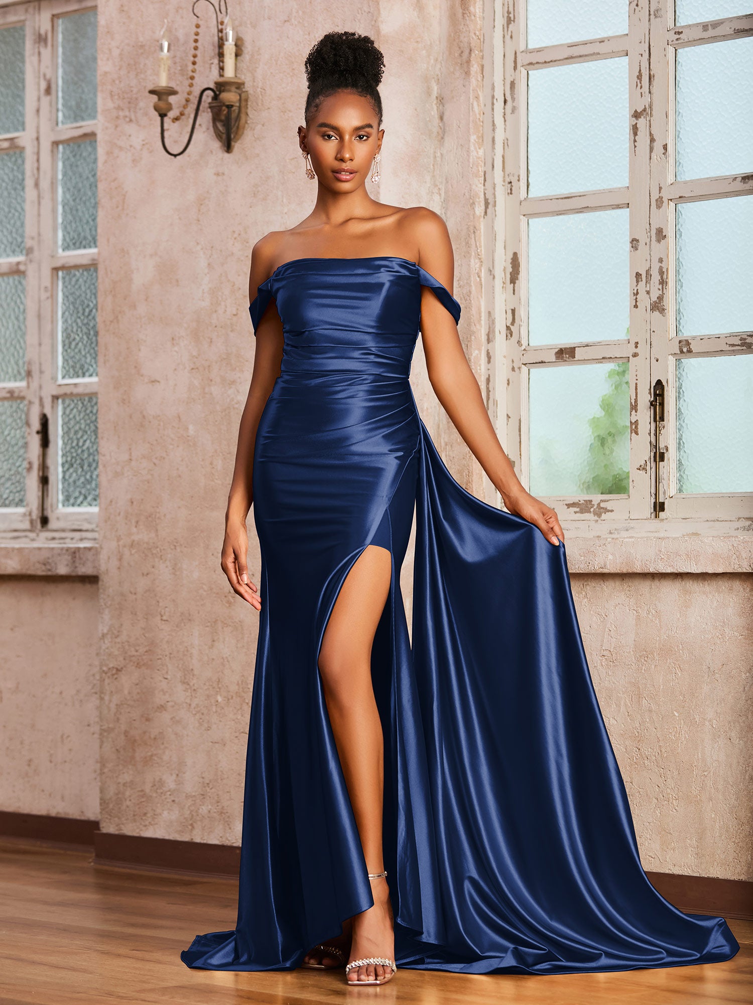 Off Shoulder Stretch Satin Dress with Sweep Train Navy Blue – BABARONI