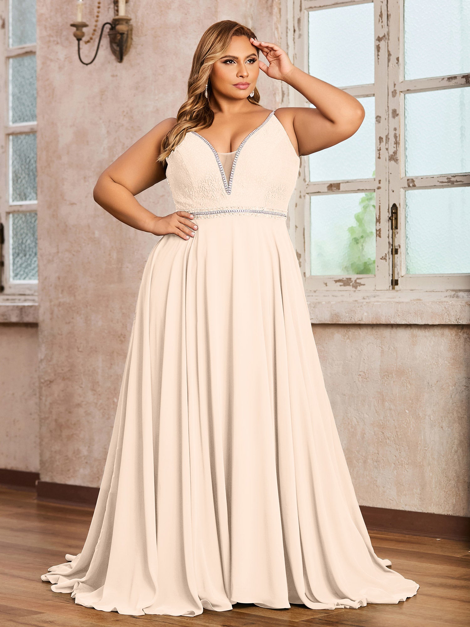 Spaghetti Strap Lace and Chiffon Gown-Peach Plus Size – BABARONI