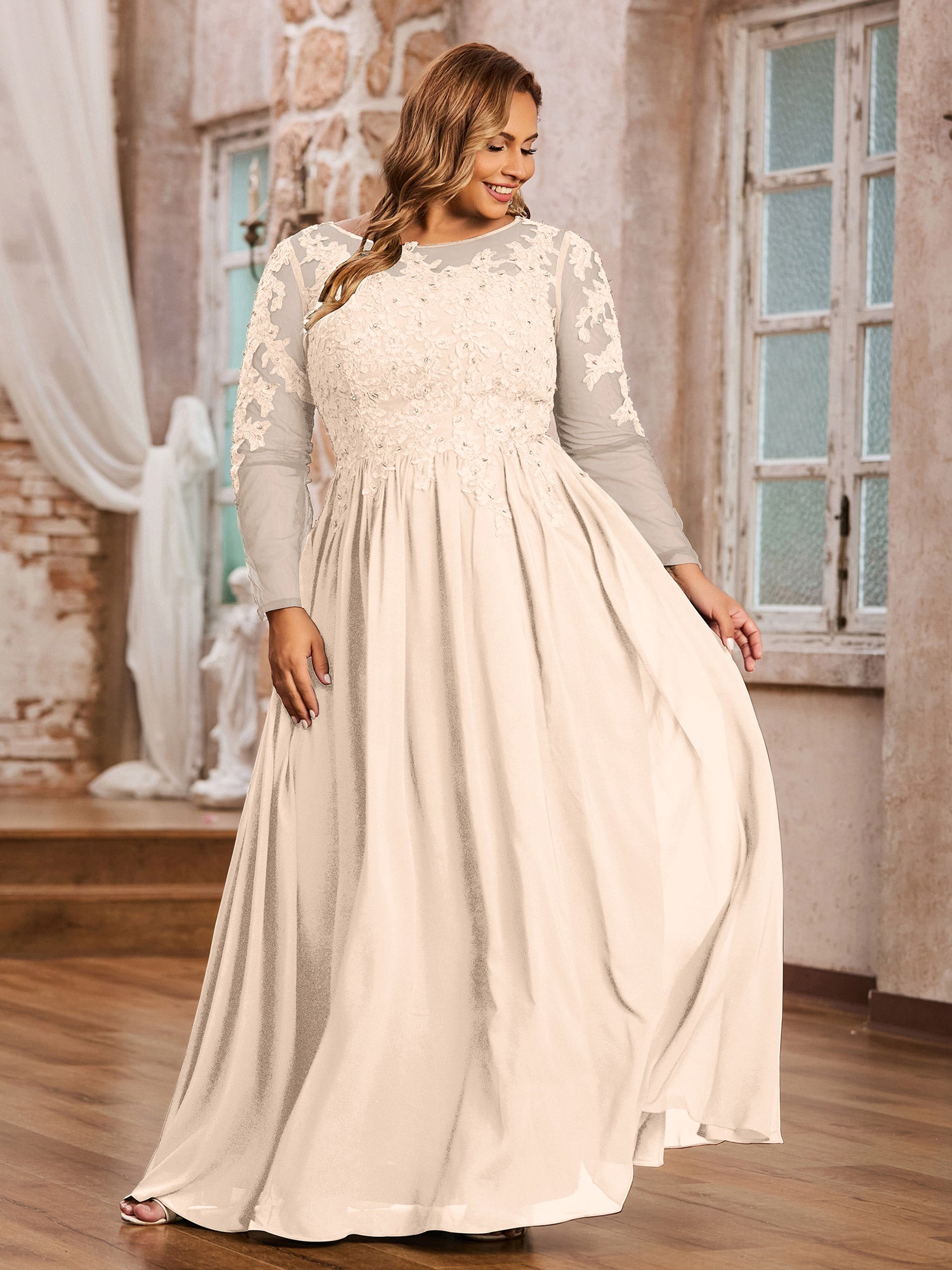 Tulle with Appliqued Long Sleeves Dress-Peach Plus Size – BABARONI