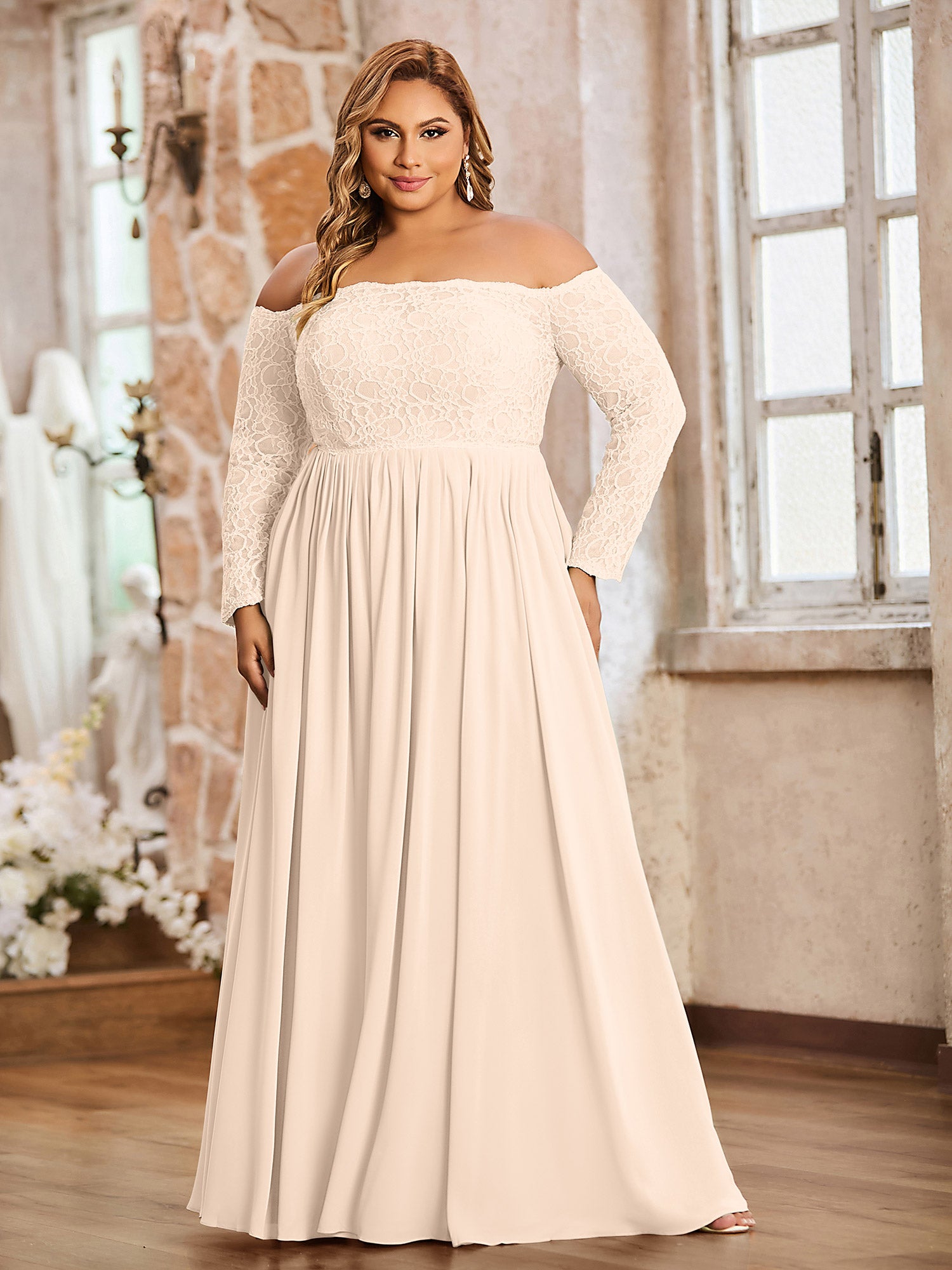 Lace and Chiffon Long Sleeves Dresses with Pockets-Peach Plus Size – BABARONI