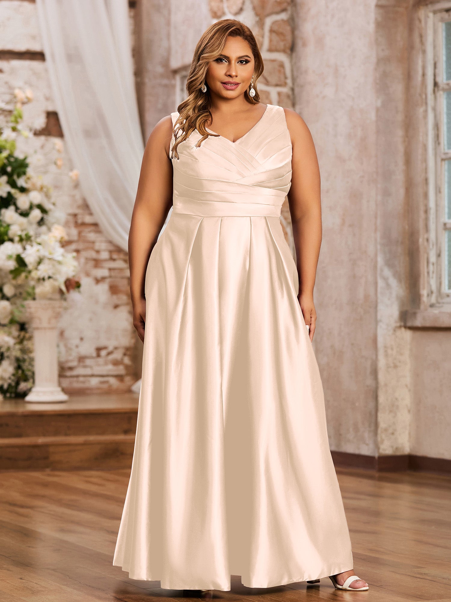 Open Back Long Satin Gown with V-neck-Peach Plus Size – BABARONI