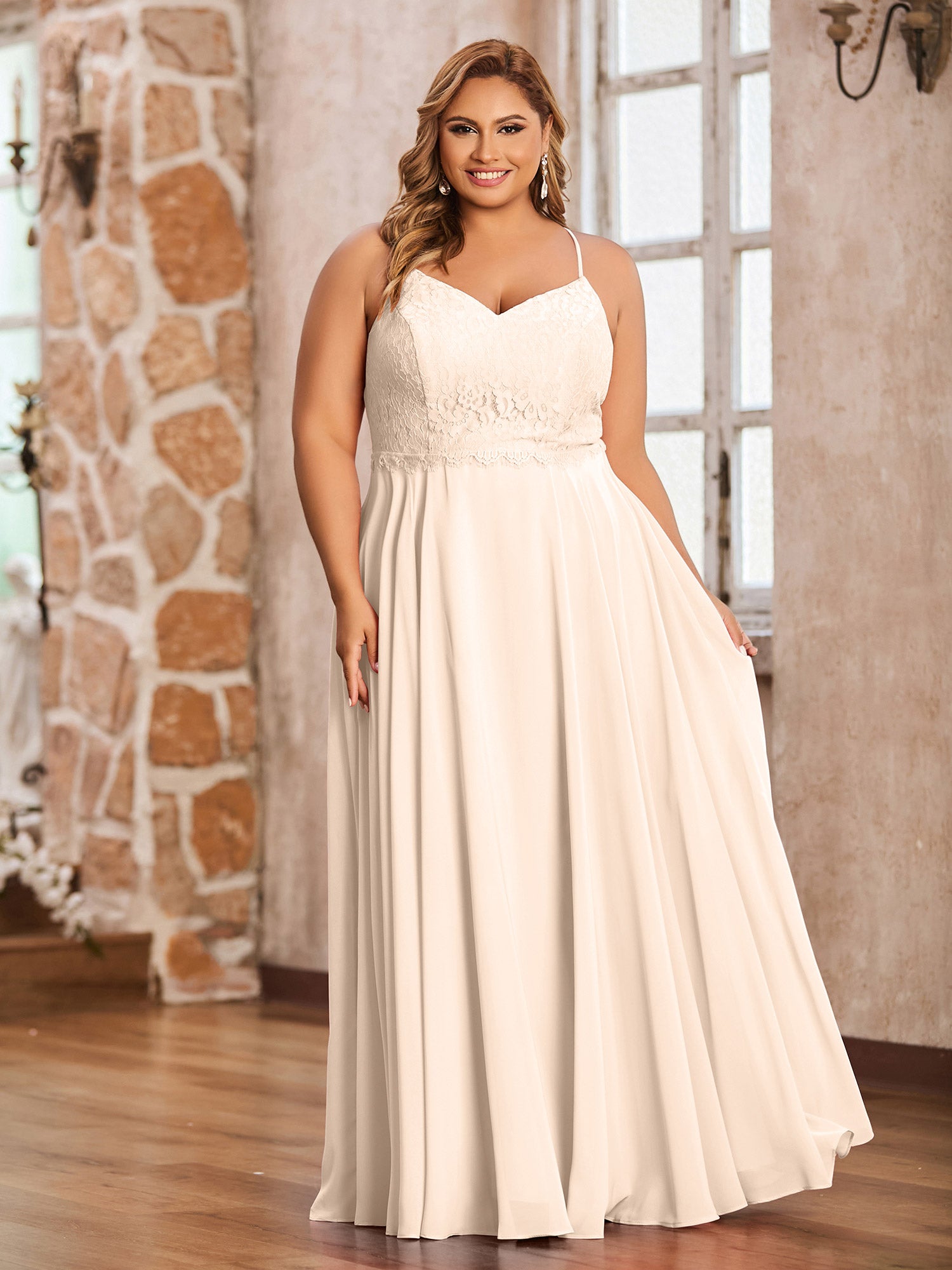 Spaghetti Strap Lace Dress with Corset Back-Peach Plus Size – BABARONI