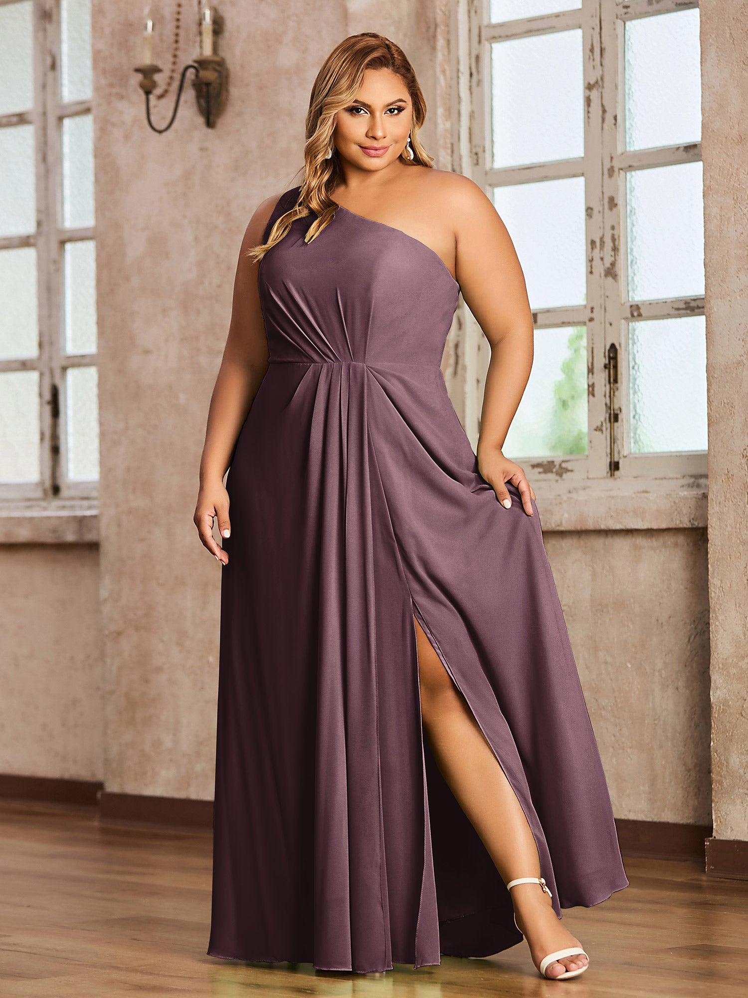 One-Shoulder Chiffon Max Dresses with Slit-Cabernet Plus Size – BABARONI