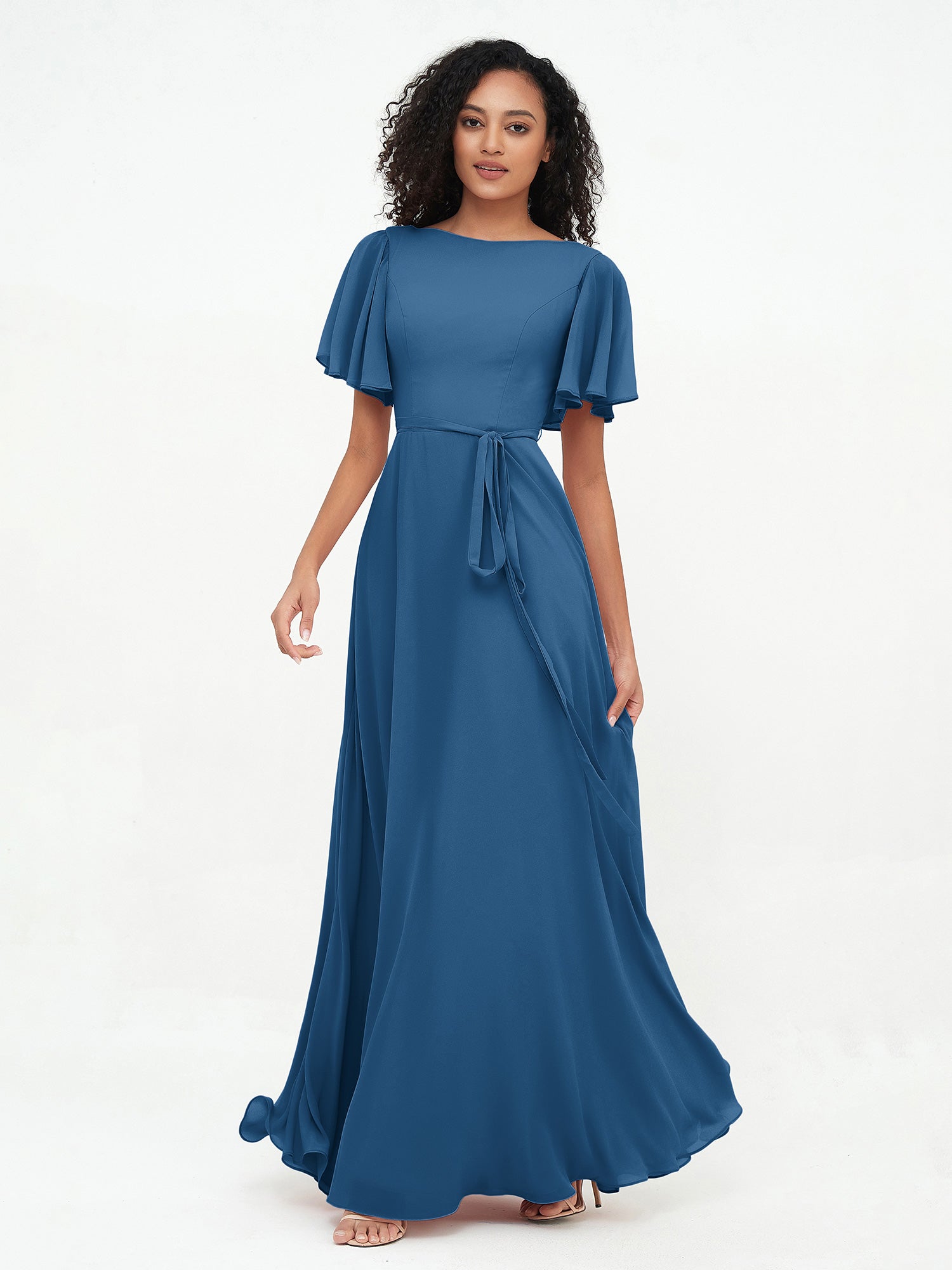 Flutter Sleeves Chiffon Max Dresses with Sash Bow-Ink Blue – BABARONI