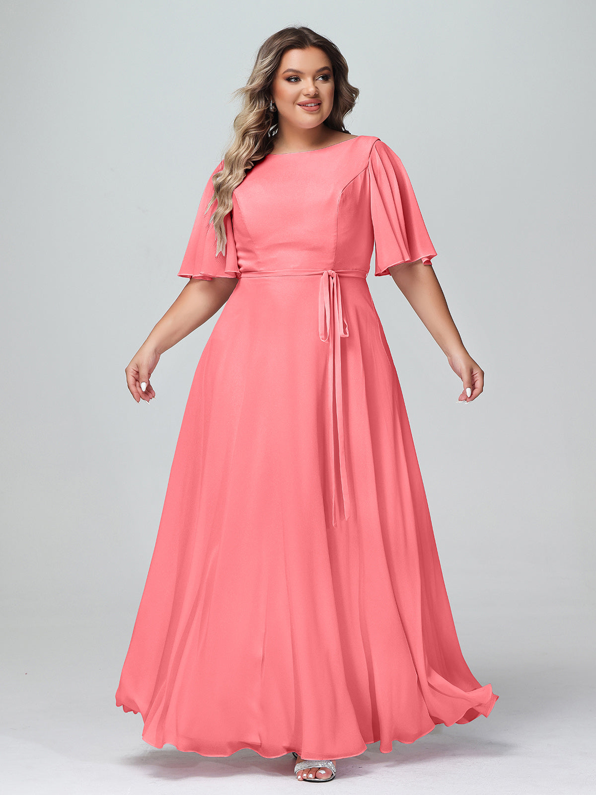 Flutter Sleeves Chiffon Max Dresses with Sash Bow-Watermelon Plus Size – BABARONI