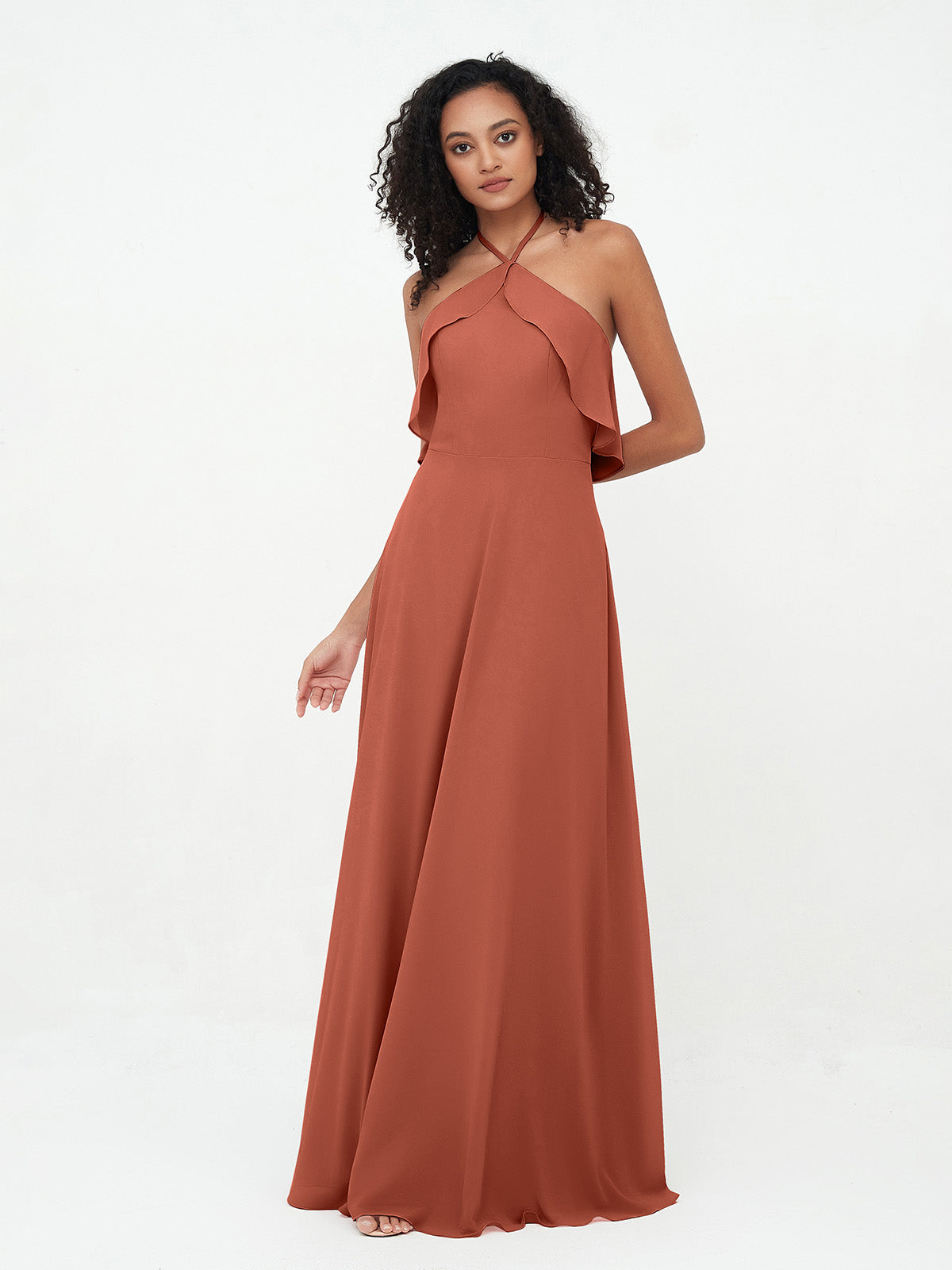 Halter Strap Chiffon Long Bridesmaid Dresses Rust Plus Size – BABARONI