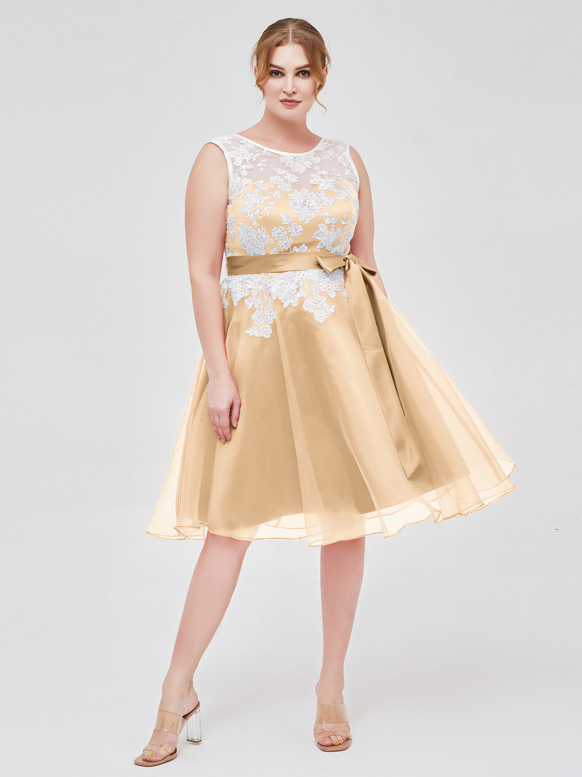 Illusion Neck Organza with Ivory Lace Appliqued Peach Plus Size – BABARONI