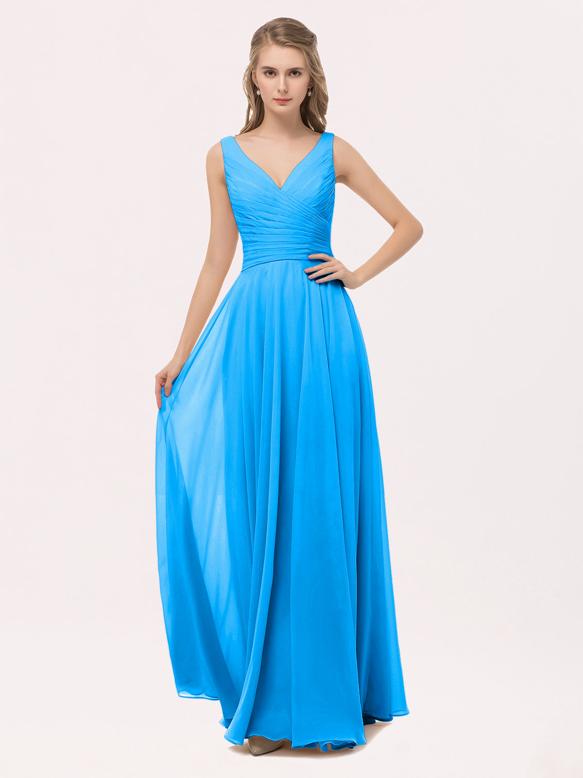 V Neck Long Chiffon Dress with Bow Ocean Blue – BABARONI