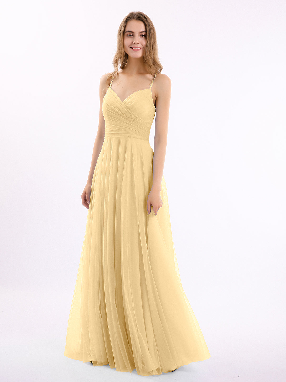 Spaghetti Strap Long Tulle Dress with Sweetheart Gold – BABARONI