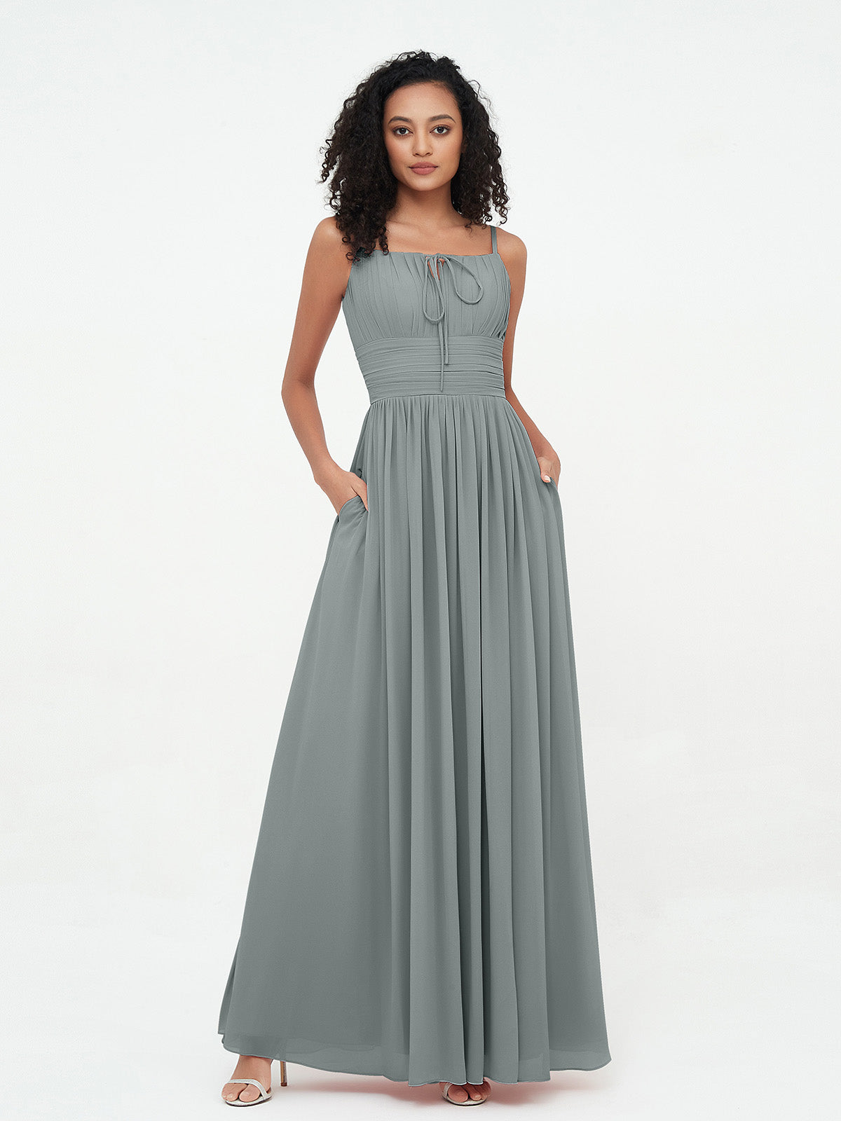Square Neck Chiffon Max Dresses with Pockets Steel Grey – BABARONI