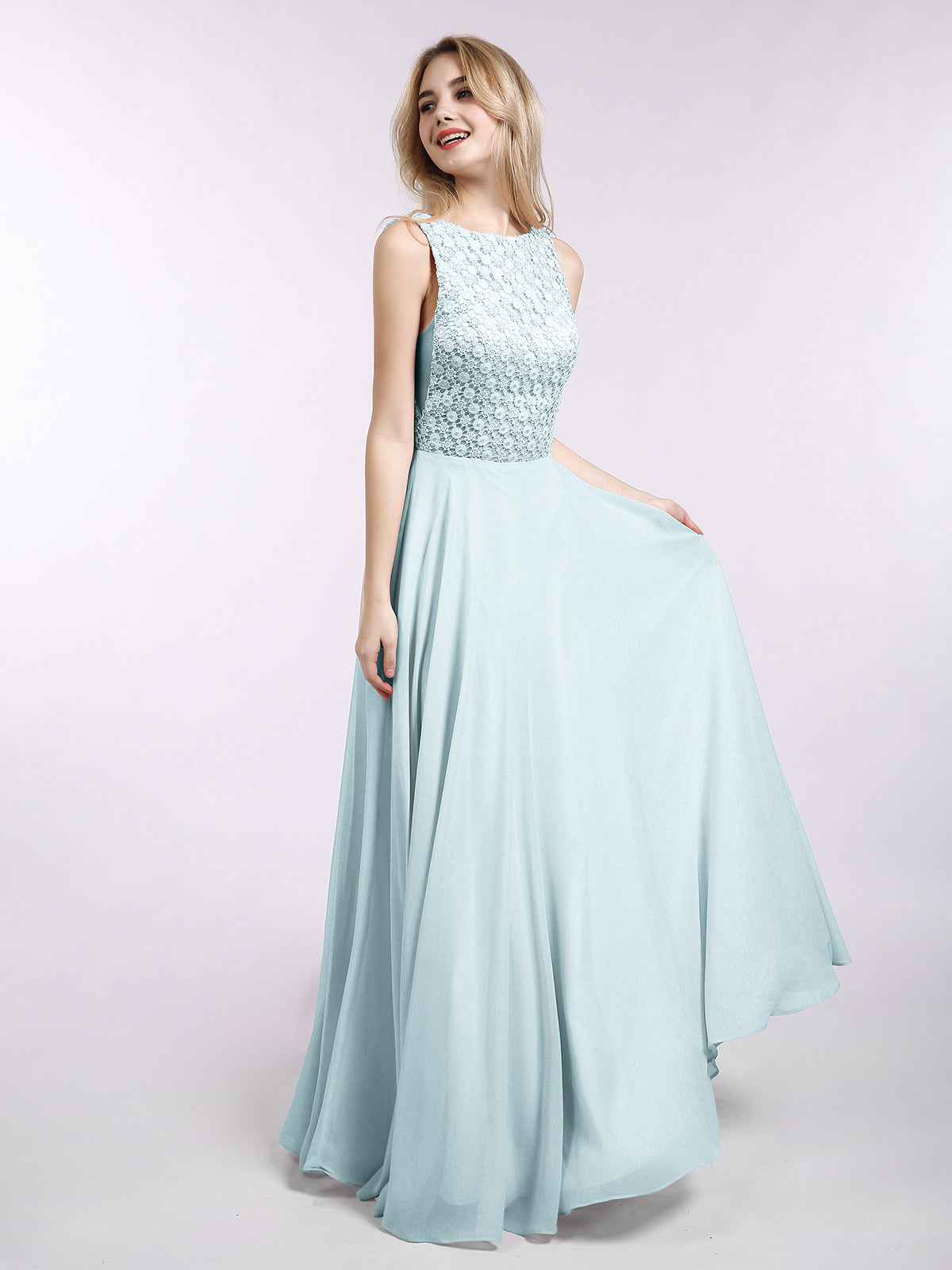 Lace Bodice Chiffon Skirt Long Gown-Mist Plus Size – BABARONI