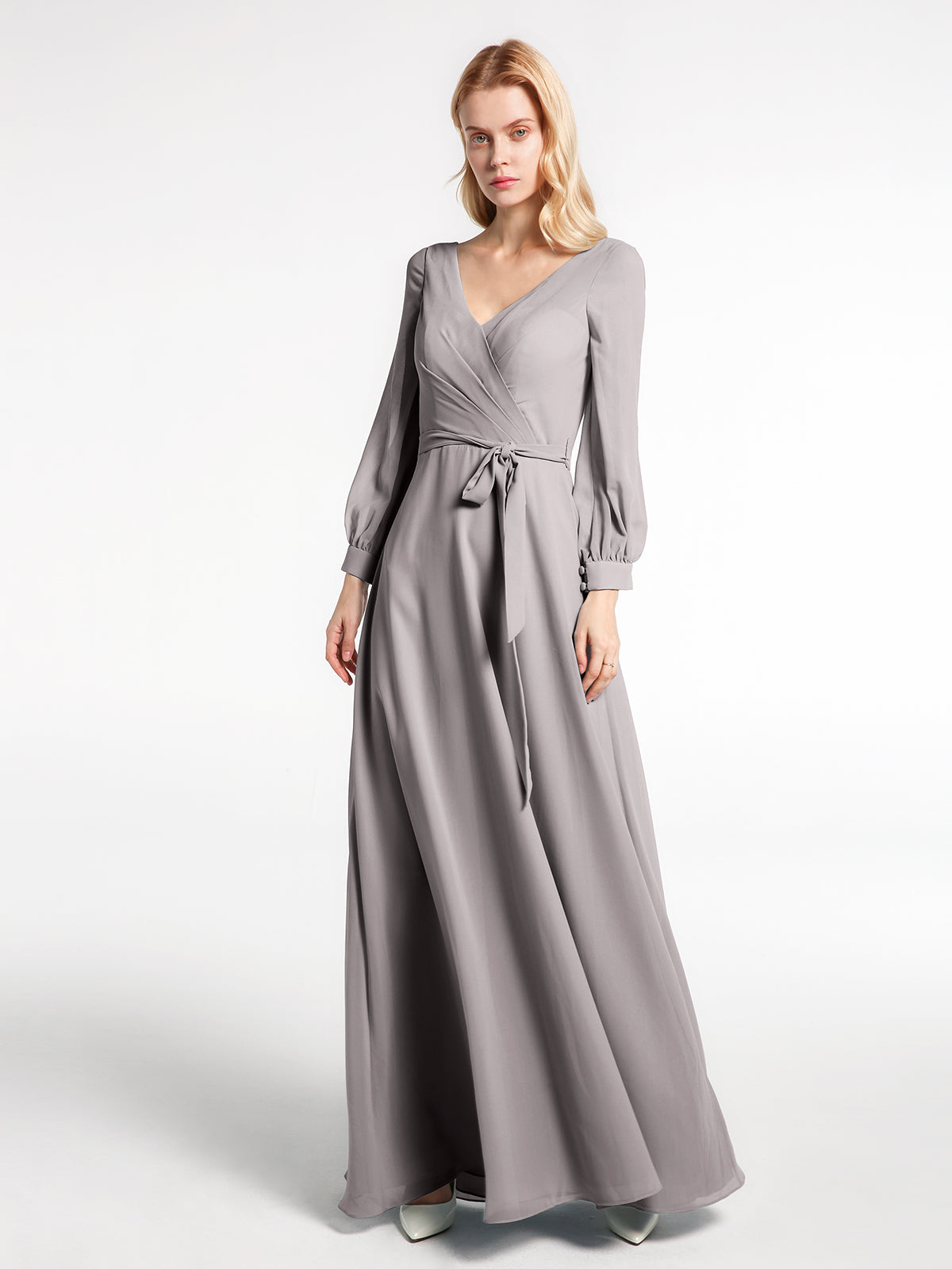 V-neck Bishop Sleeves Chiffon Dress with Bow-Silver – BABARONI