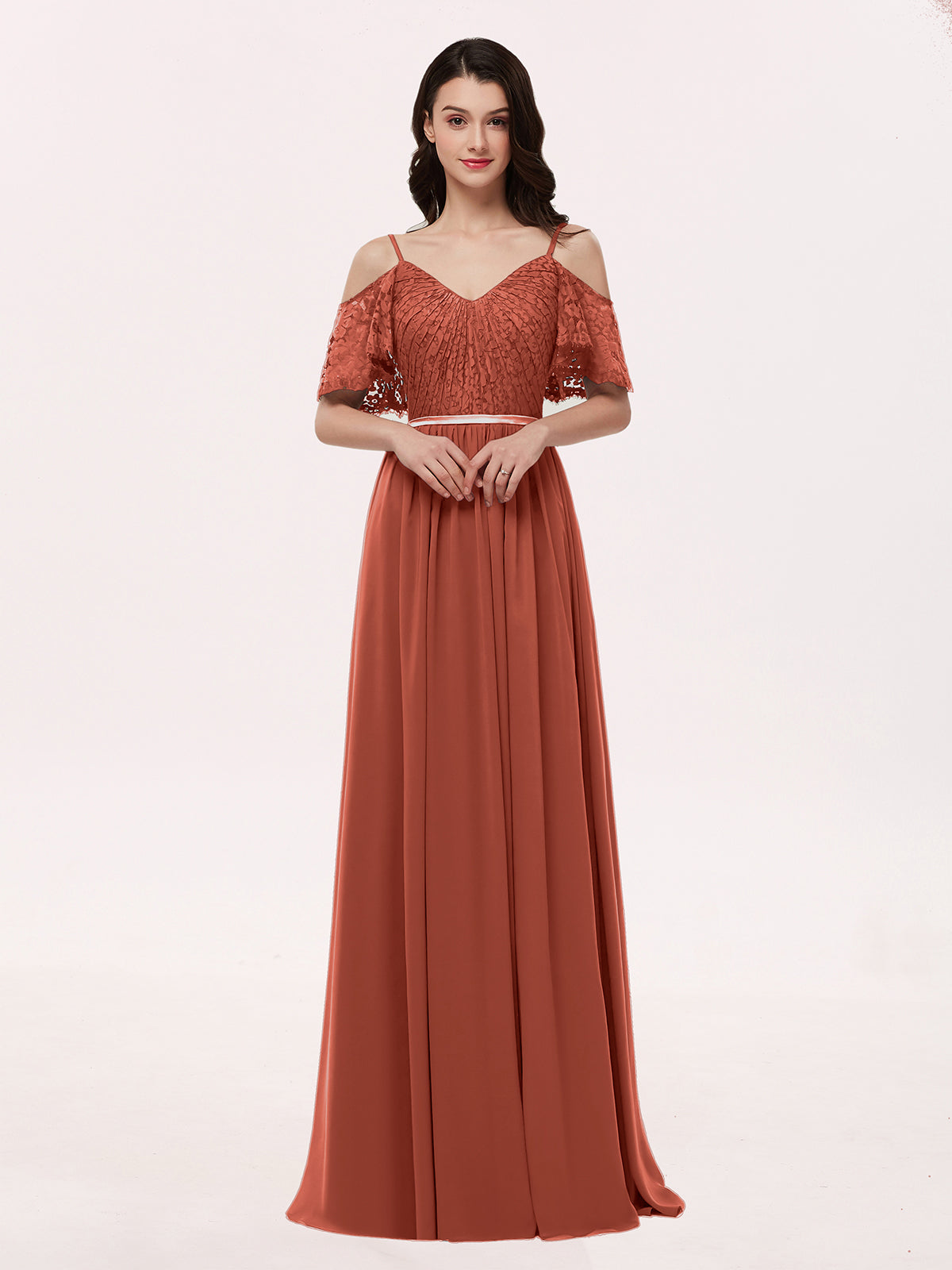 Spaghetti Strap Lace and Chiffon Dress Rust – BABARONI