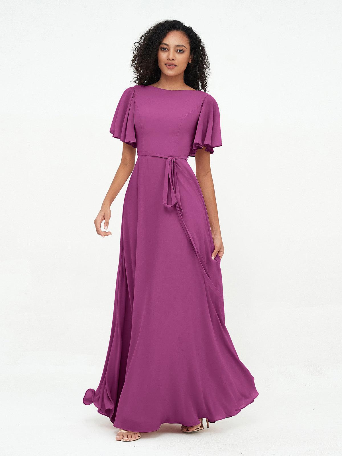 Flutter Sleeves Chiffon Max Dresses with Sash Bow-Orchid – BABARONI