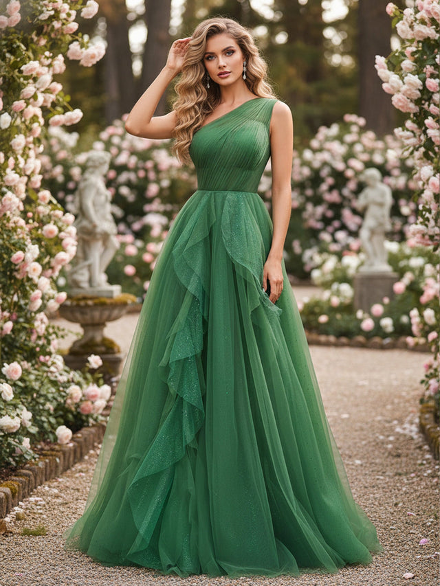 Sparkling Tulle A-Line Prom Gown with Cascading Ruffles Dusty Rose ...