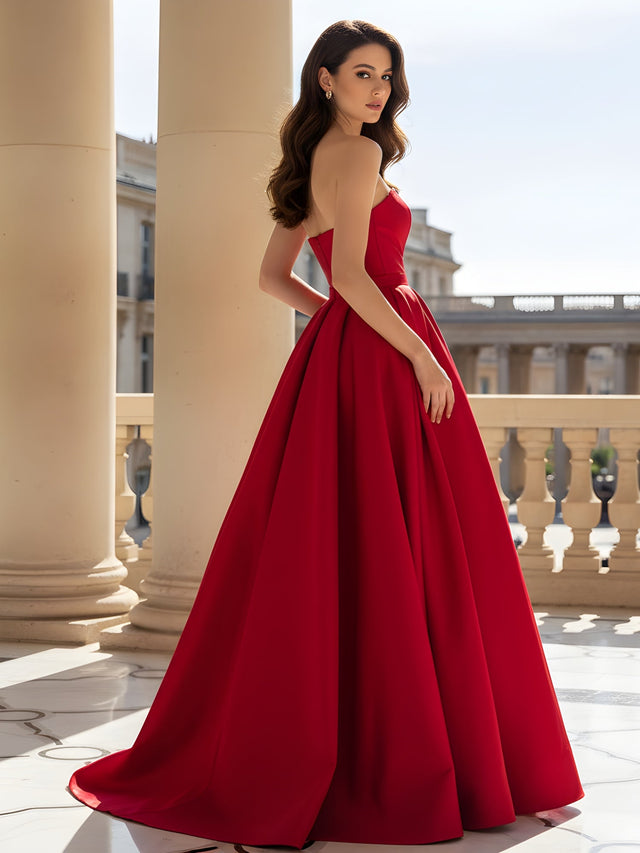 Strapless Structured Satin Ball Prom Gown with Belt Detail Lilac – BABARONI