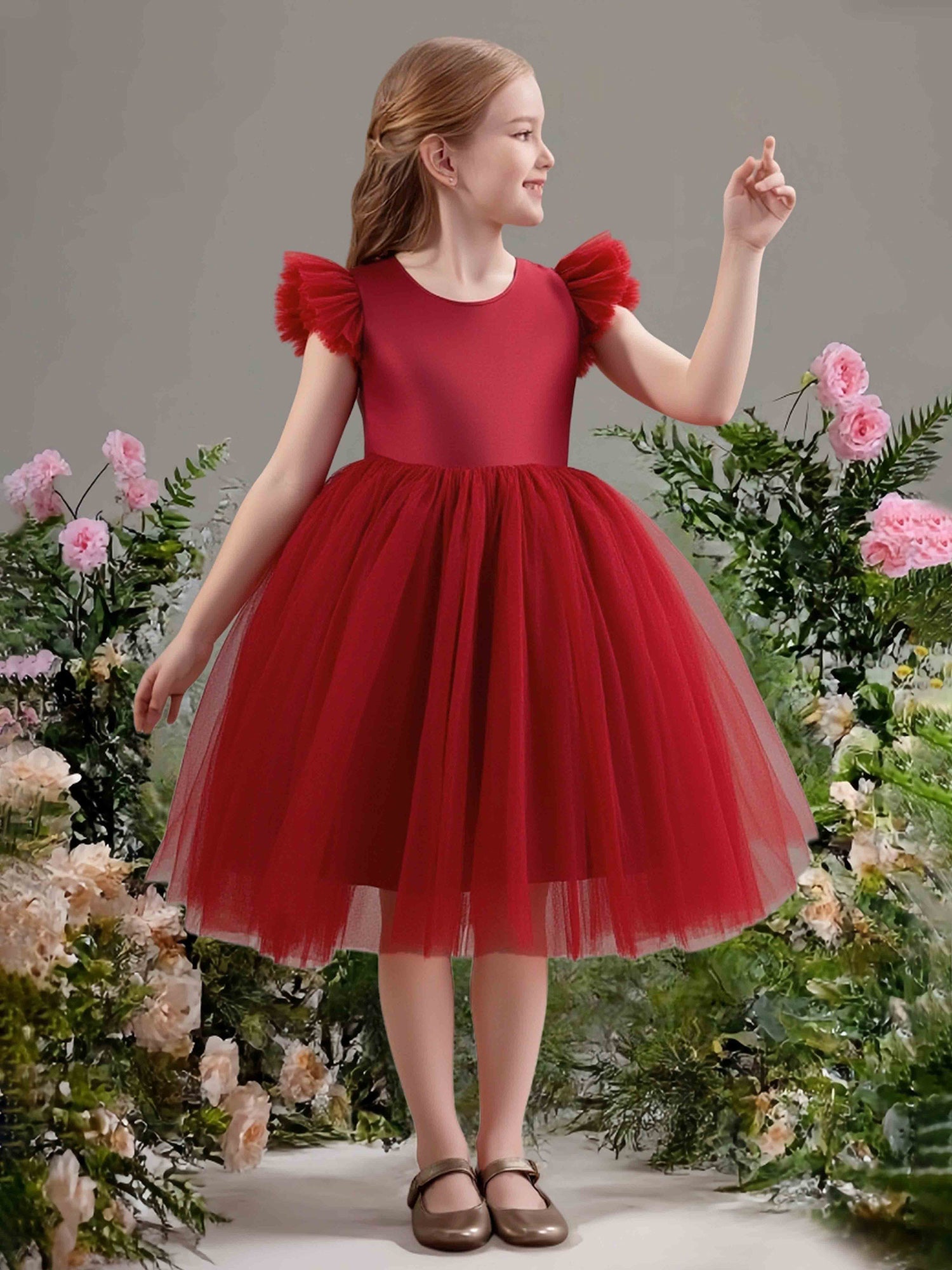 Ruffle Sleeve Heart Back Keyhole Flower Girl Dress Red – BABARONI