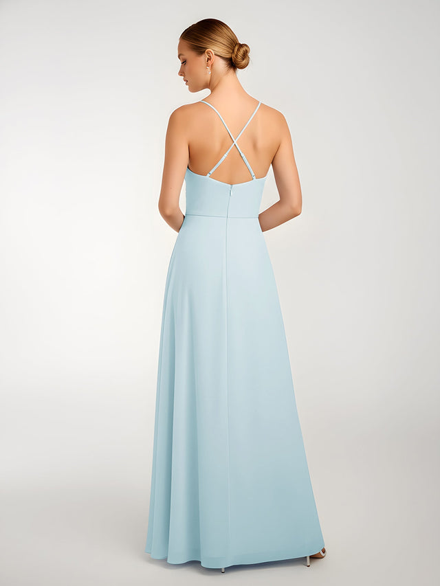 Chiffon A-Line Criss-Cross Straps Bridesmaid Dresses With Slit Sage ...