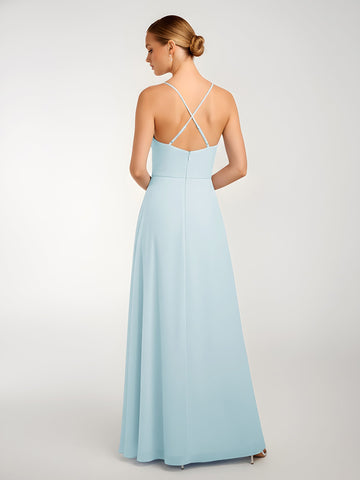 Chiffon A-Line Criss-Cross Straps Bridesmaid Dresses With Slit Sage ...
