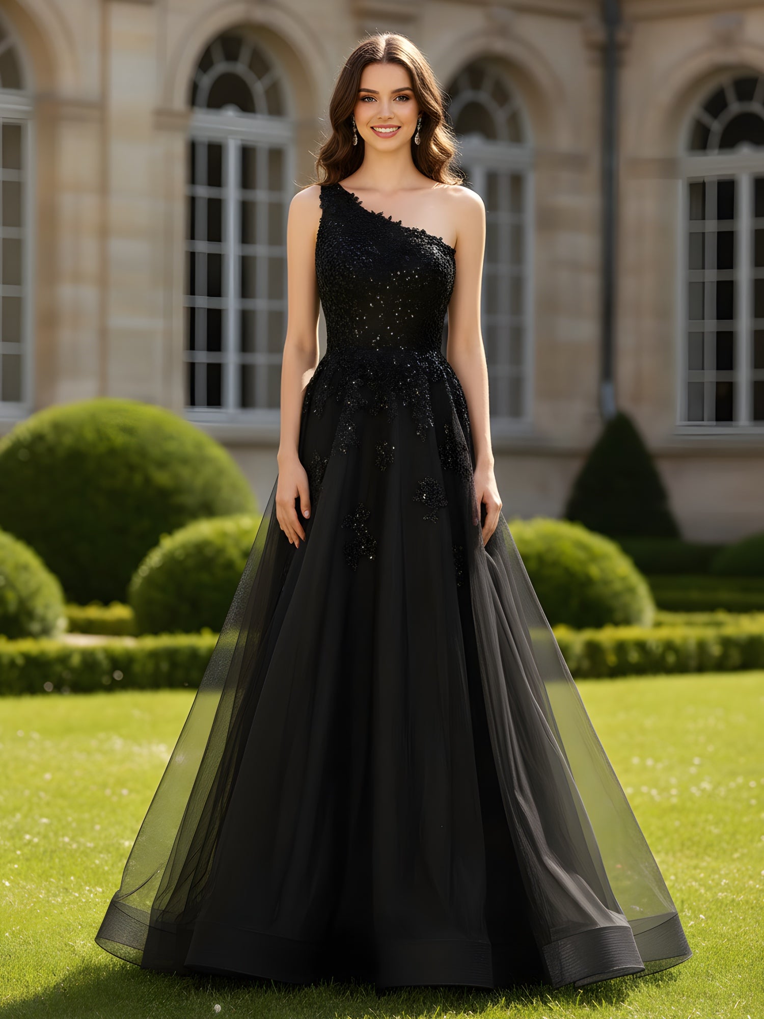 BABARONI Tulle Black Prom Dresses A-line One Shoulder Appliqued Sequins ...
