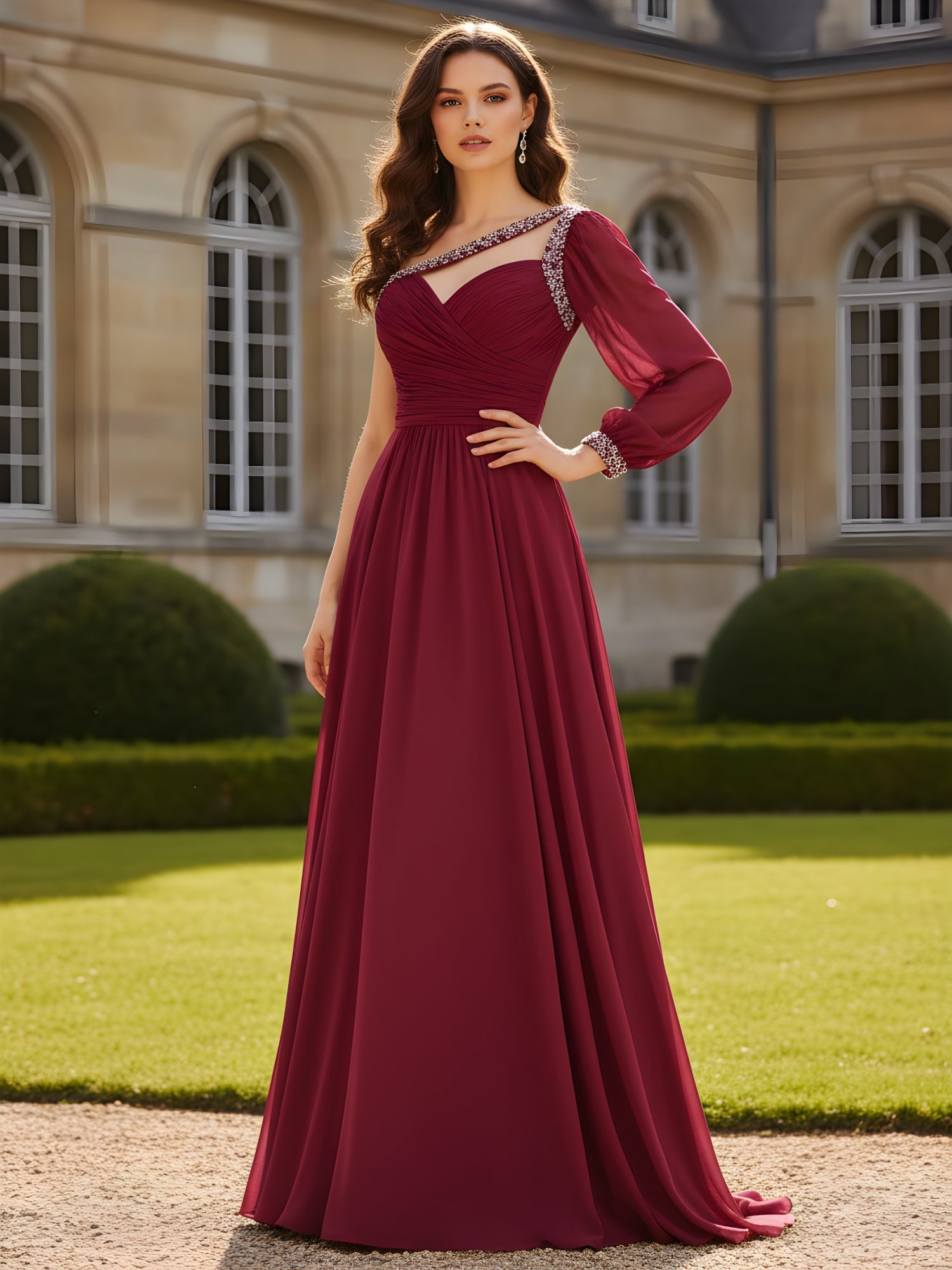 BABARONI Chiffon Moss Prom Dresses A-line One Shoulder Ruched Beaded ...