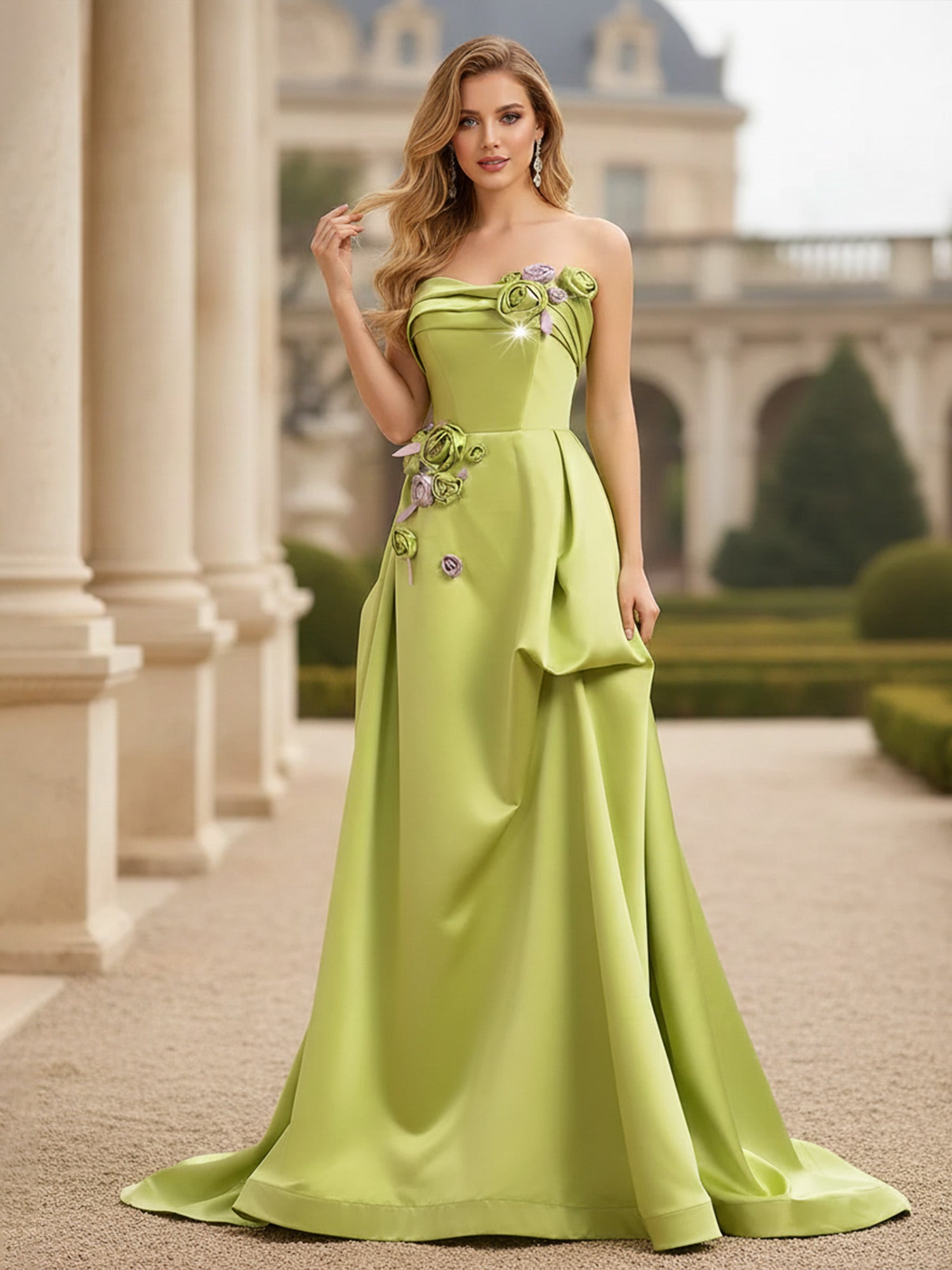 BABARONI Satin Clover Prom Dresses A-line Strapless Sleeveless Floral ...