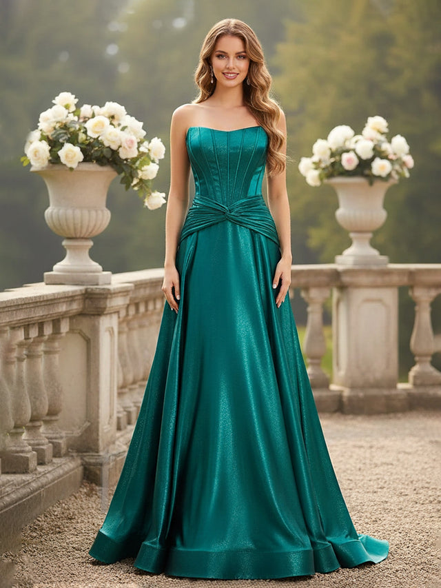 Strapless Pleated A-Line Sweep Train Prom Dress White – BABARONI