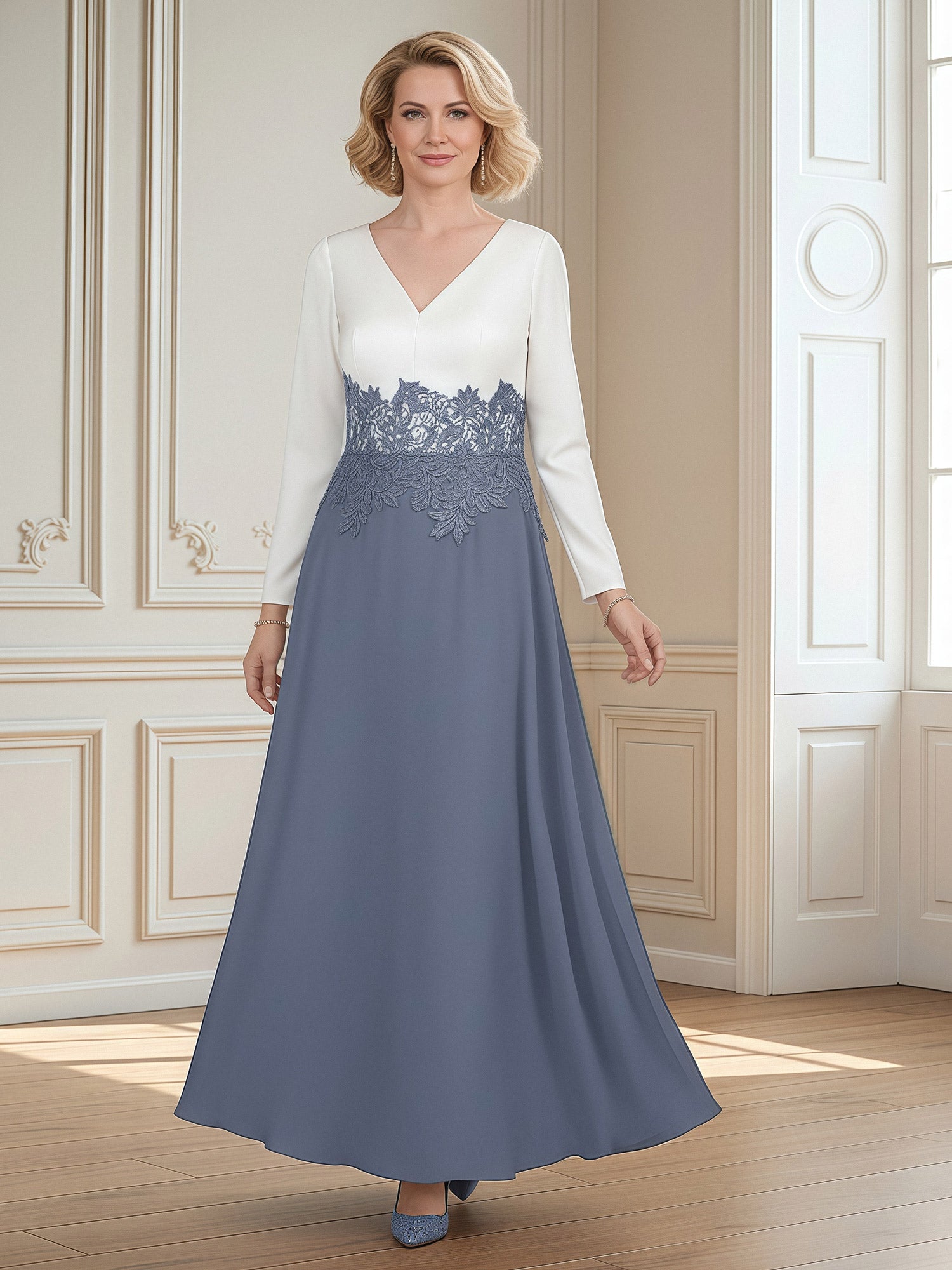BABARONI Chiffon Dusty Blue Mother of the Bride Dresses A-line V-neck ...