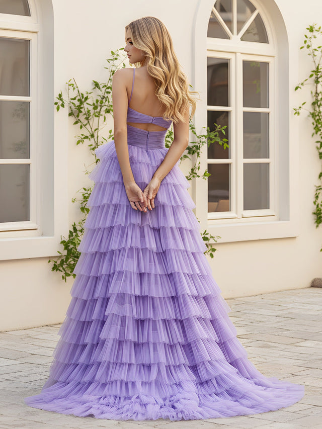 Sweetheart Neck Tiered Sweep Train Prom Dress With Slit Dusk – BABARONI