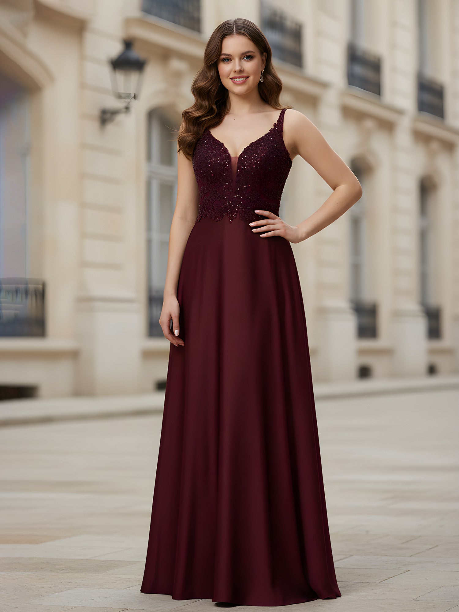 BABARONI Satin Burgundy Prom Dresses A-line V-neck Sleeveless Sequins Lace
