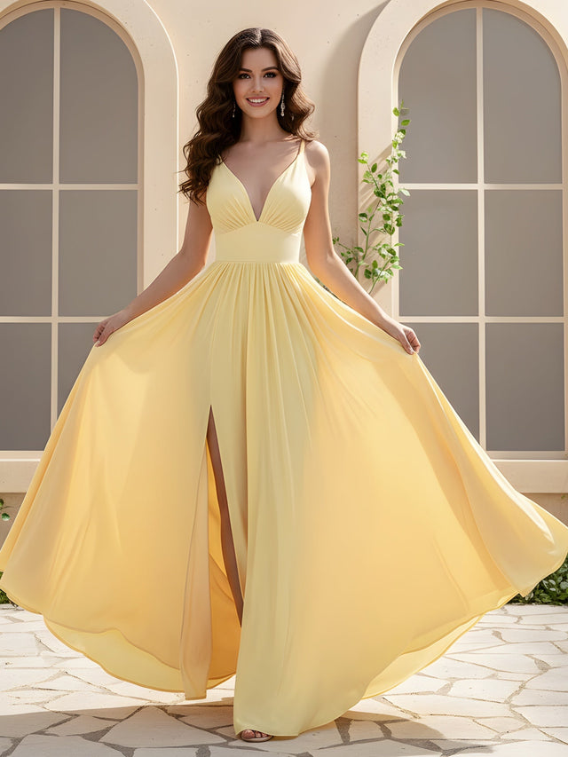 A-Line Pleated V-neck Long Prom Dress With Slit Lime Green – BABARONI