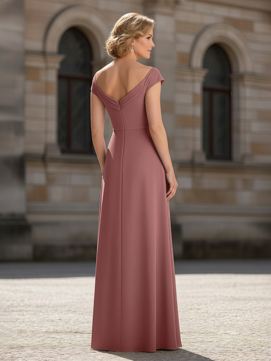 Pleated V-neck Chiffon A-Line Floor-Length Mother Dress Cinnamon Rose ...
