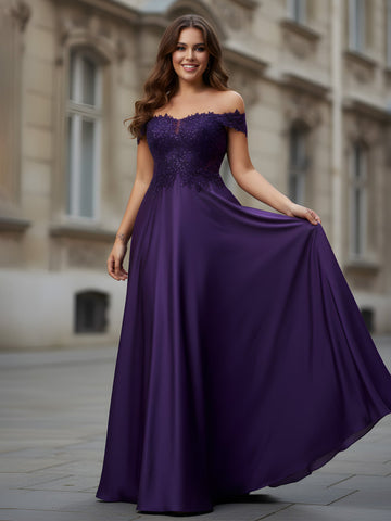 Off-the-shoulder Applique Bodice A-Line Long Prom Dress Burgundy – BABARONI