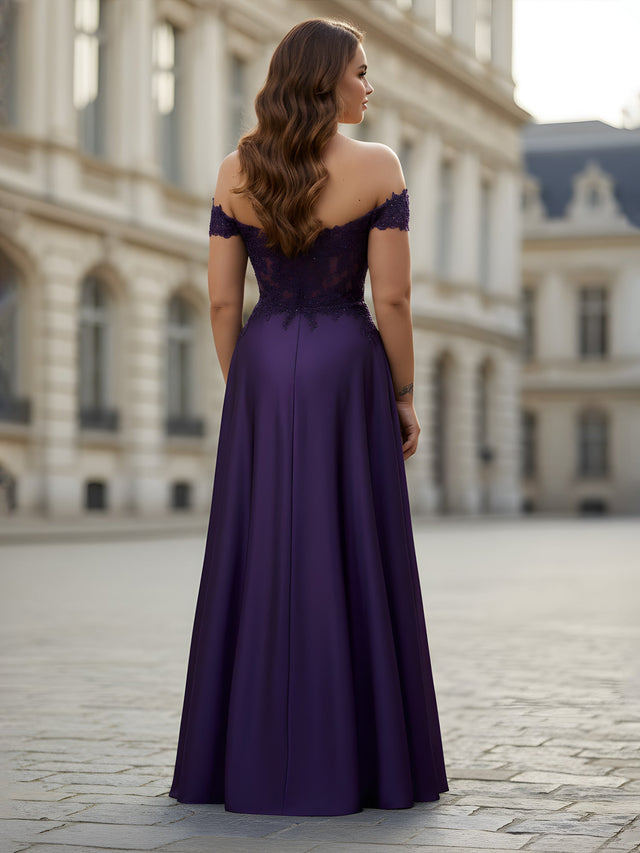 Off-the-shoulder Applique Bodice A-Line Long Prom Dress Dusty Blue ...