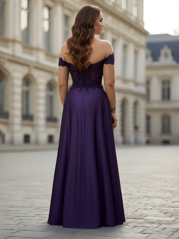 Off-the-shoulder Applique Bodice A-Line Long Prom Dress Dusty Blue ...