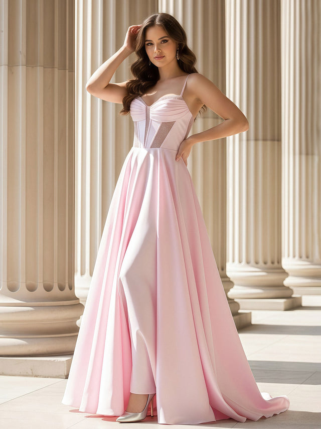 Pleated Sweetheart Neck A-Line Satin Sweep Train Prom Dress Dusty Blue ...