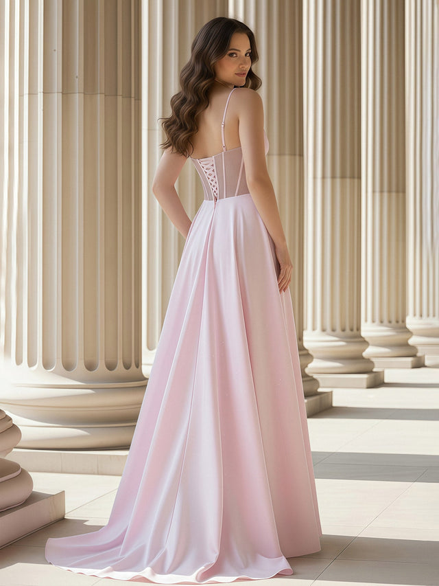 Pleated Sweetheart Neck A-Line Satin Sweep Train Prom Dress Dusty Blue ...