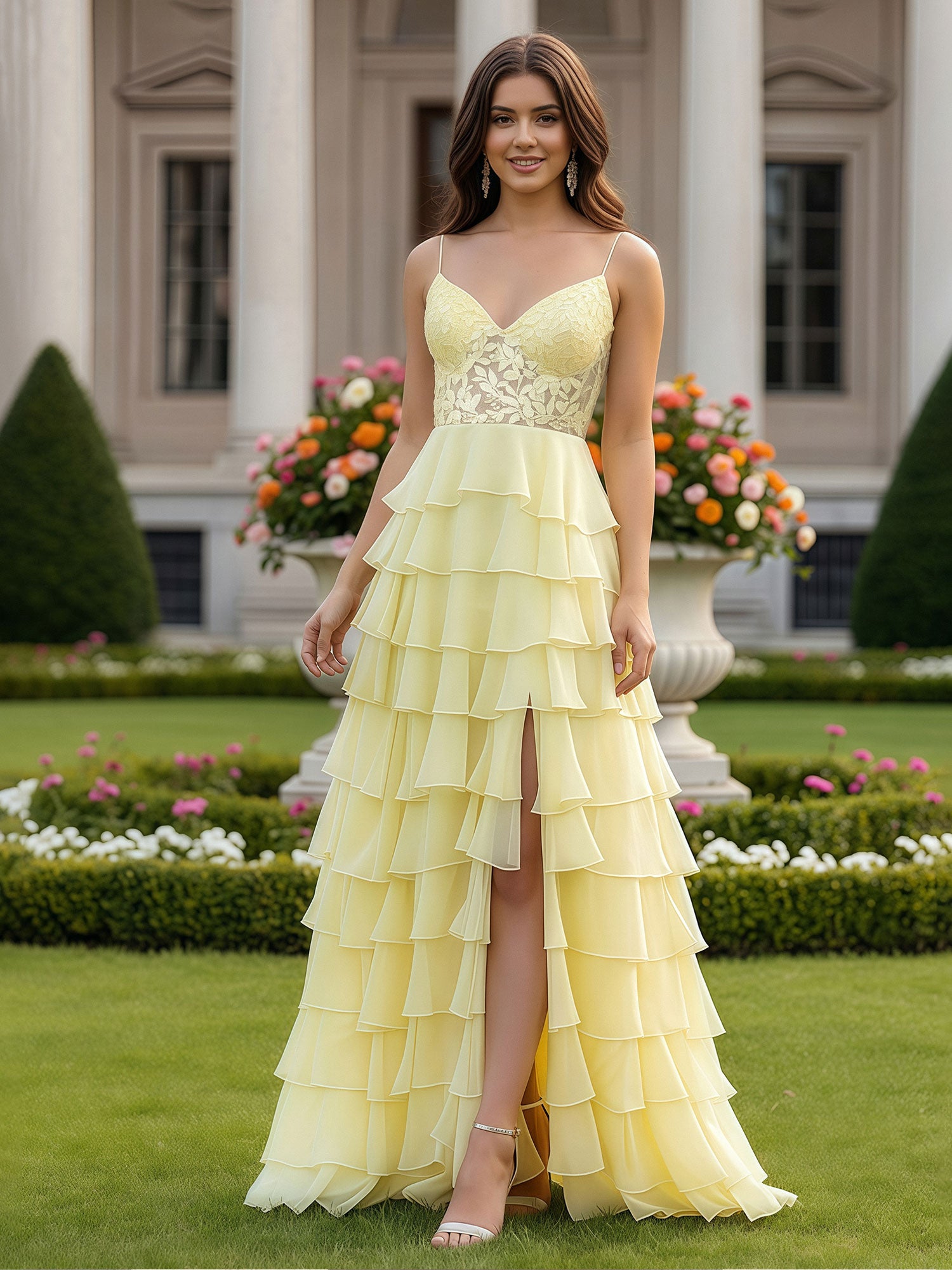 BABARONI Chiffon Daffodil Prom Dresses A-line V-neck Lace With Slit ...