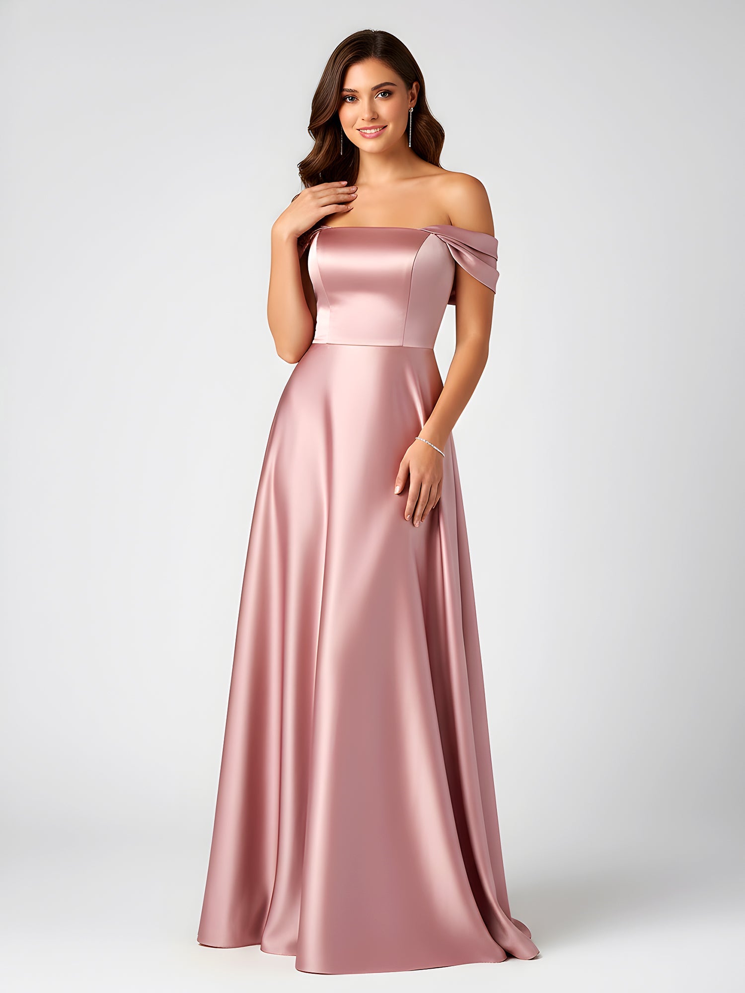 Off-Shoulder Folded Sleeve A-Line Satin Bridesmaid Gown Sage – BABARONI