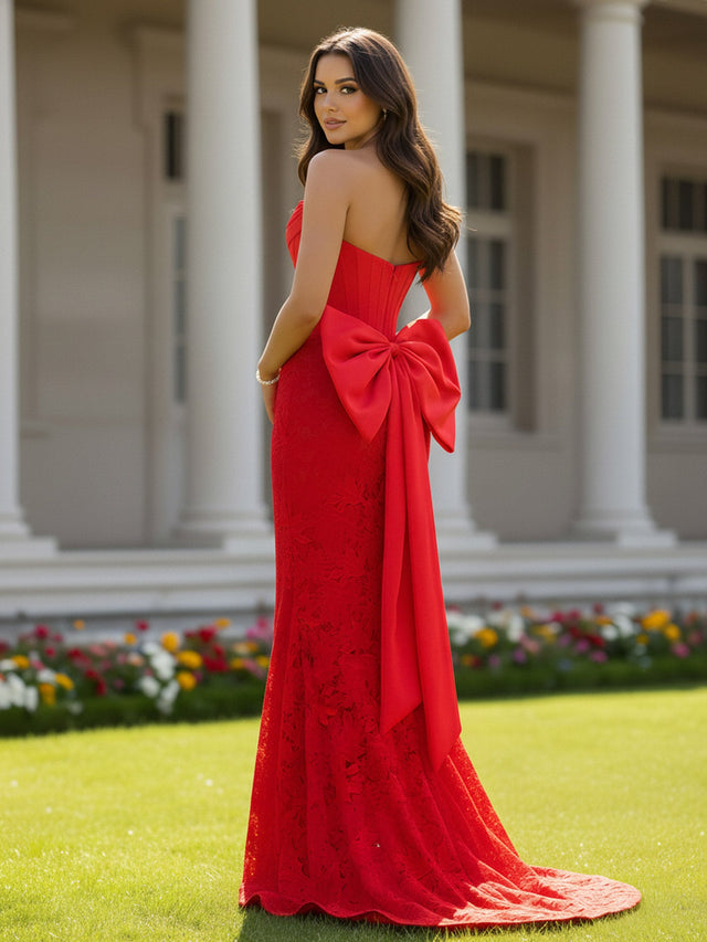 Strapless Corset Lace Bodycon Slit Prom Dress With Bow Azalea – BABARONI