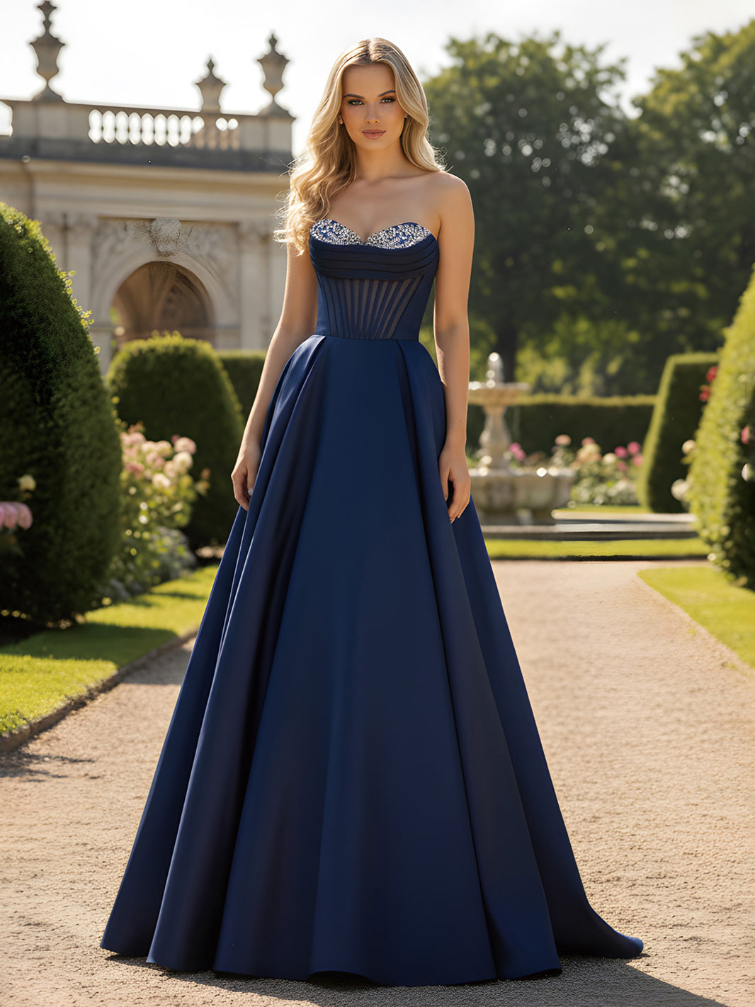 Off-The-Shoulder Pleated Prom Dress With Slit Dark Navy – BABARONI