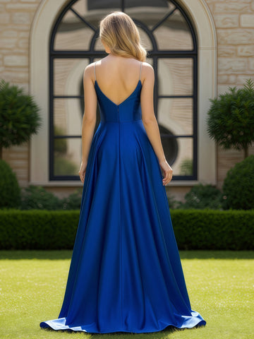 A-Line Spaghetti Straps V-neck Sweep Train Prom Gown Ivory – BABARONI