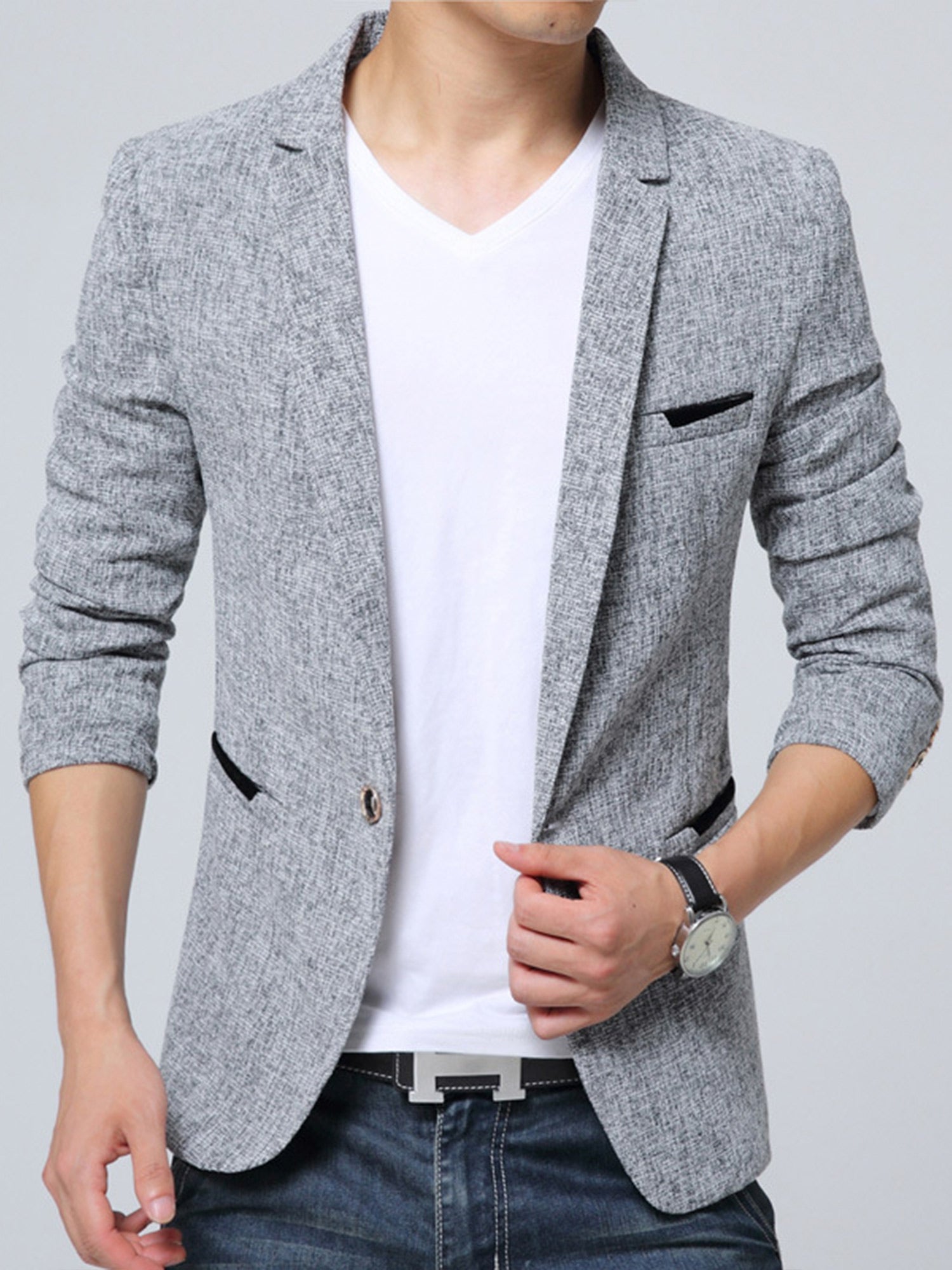 Notch Lapel Men Blazer With Piped Pockets – BABARONI