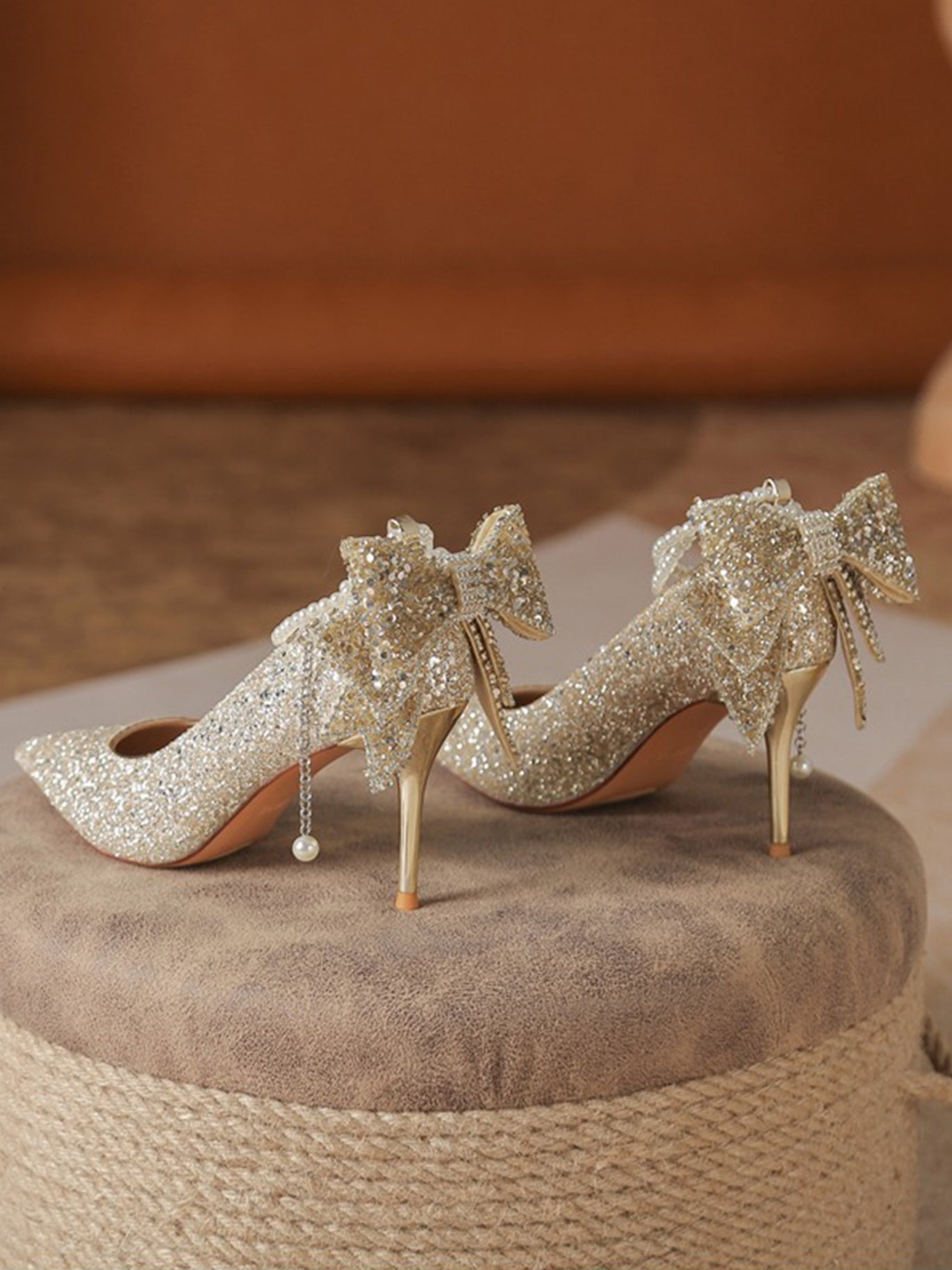 Crystal Sequin Pearl Chain Bowknot Women's High Heels – BABARONI