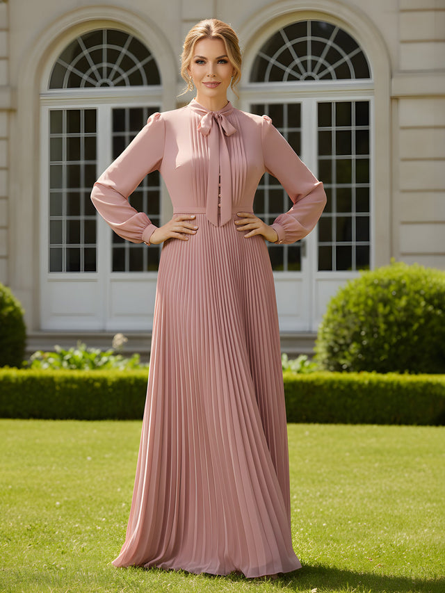 Chiffon Pleated Maxi Mother Dress with Pussy Bow Neck Tie Lime Green ...