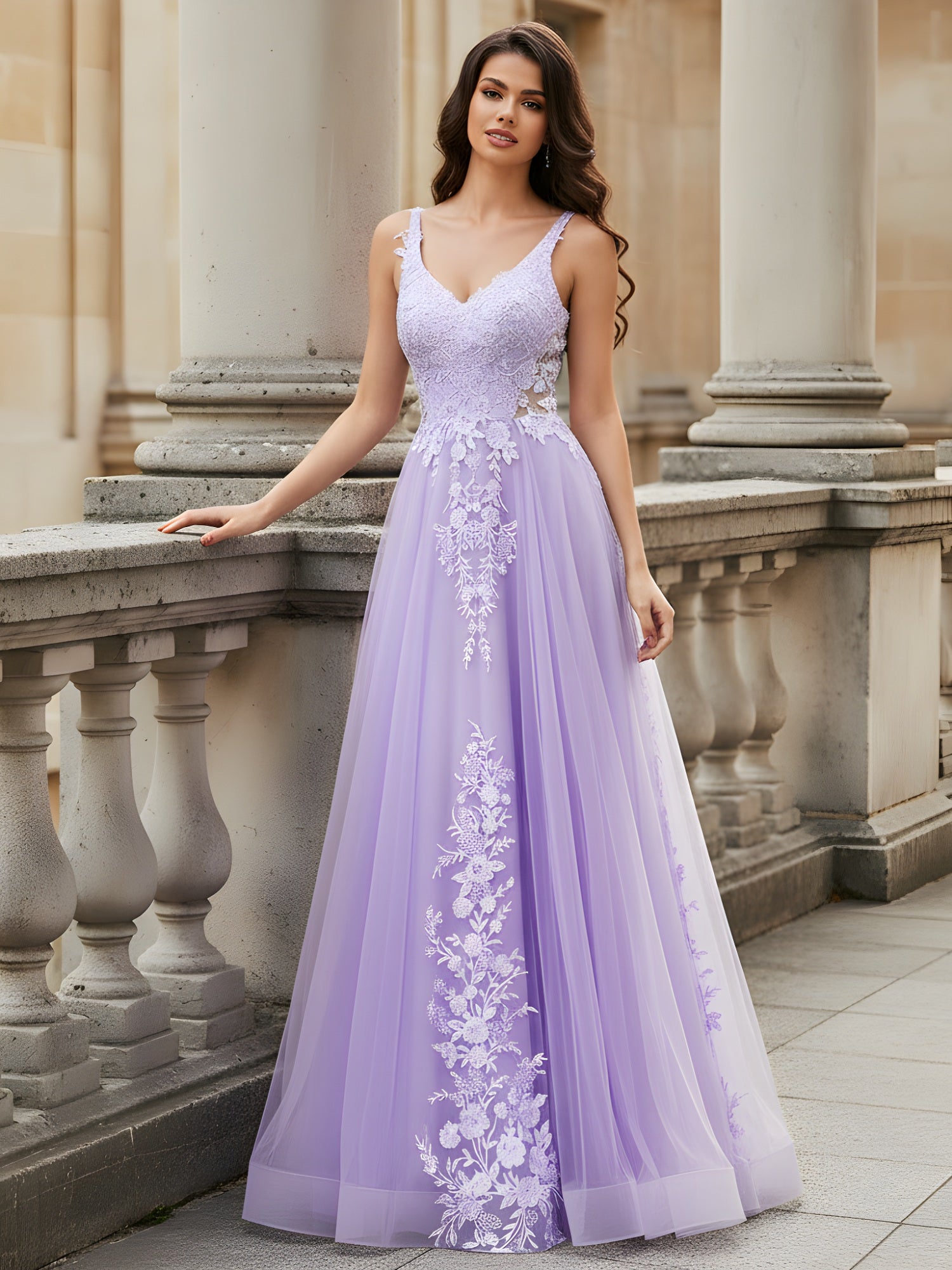 BABARONI Tulle Lace Lilac Prom Dresses A-line V-neck Floral Lace Zipper ...