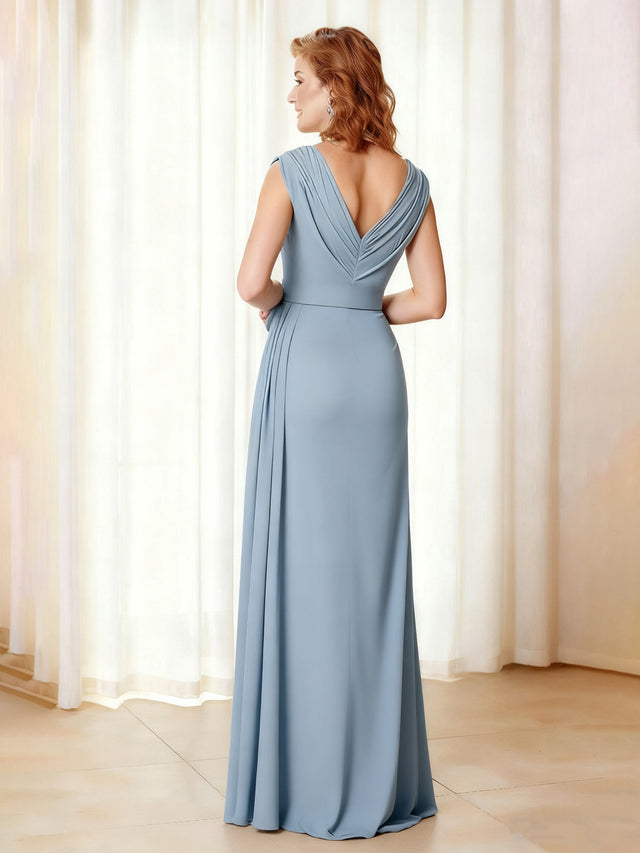 Ruched V-Neck Maxi Mother Dress with High Slit and Cap Sleeves Sunset ...