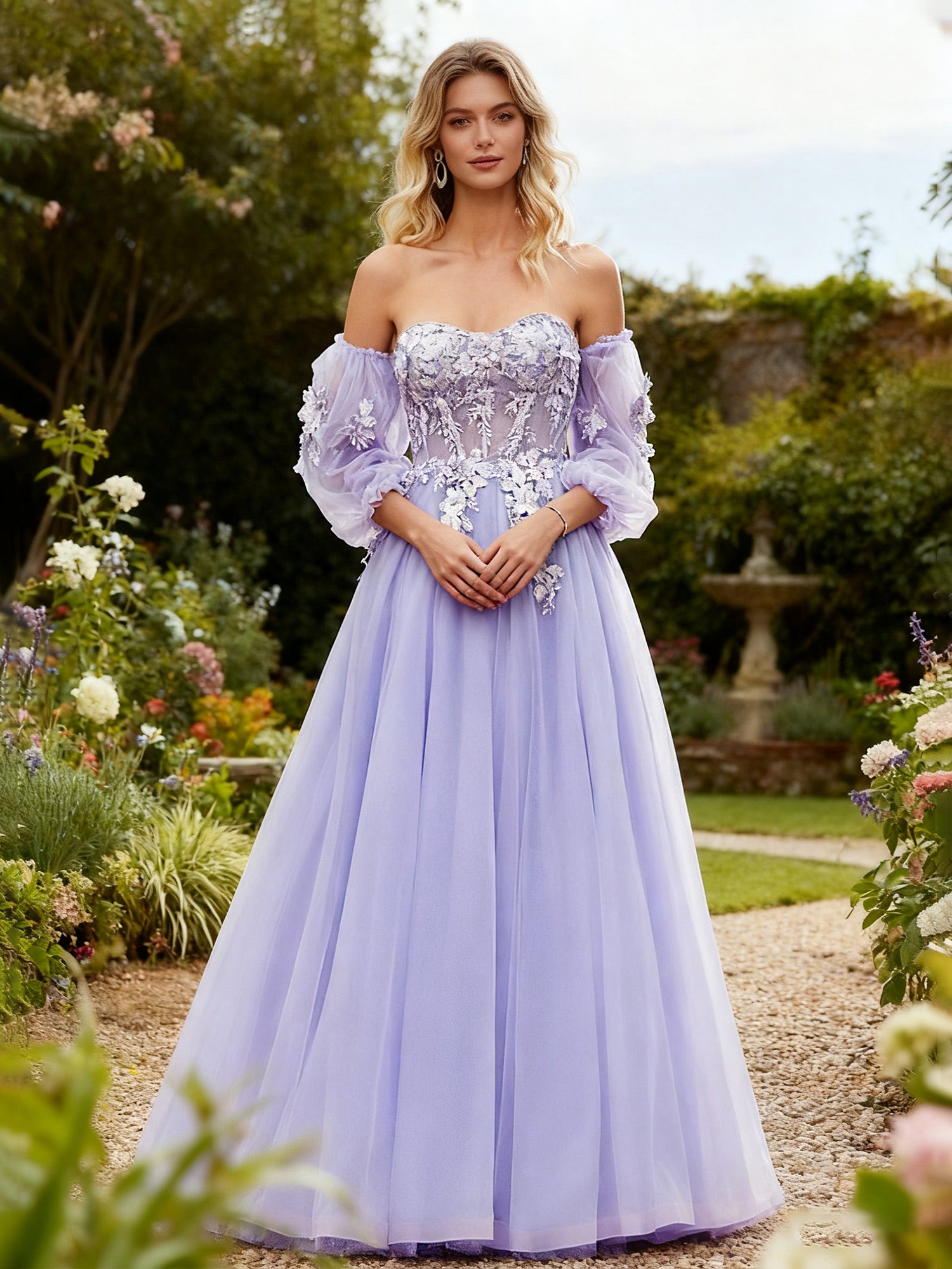 BABARONI Tulle Lace Lavender Prom Dresses A-line Sweetheart Appliqued ...