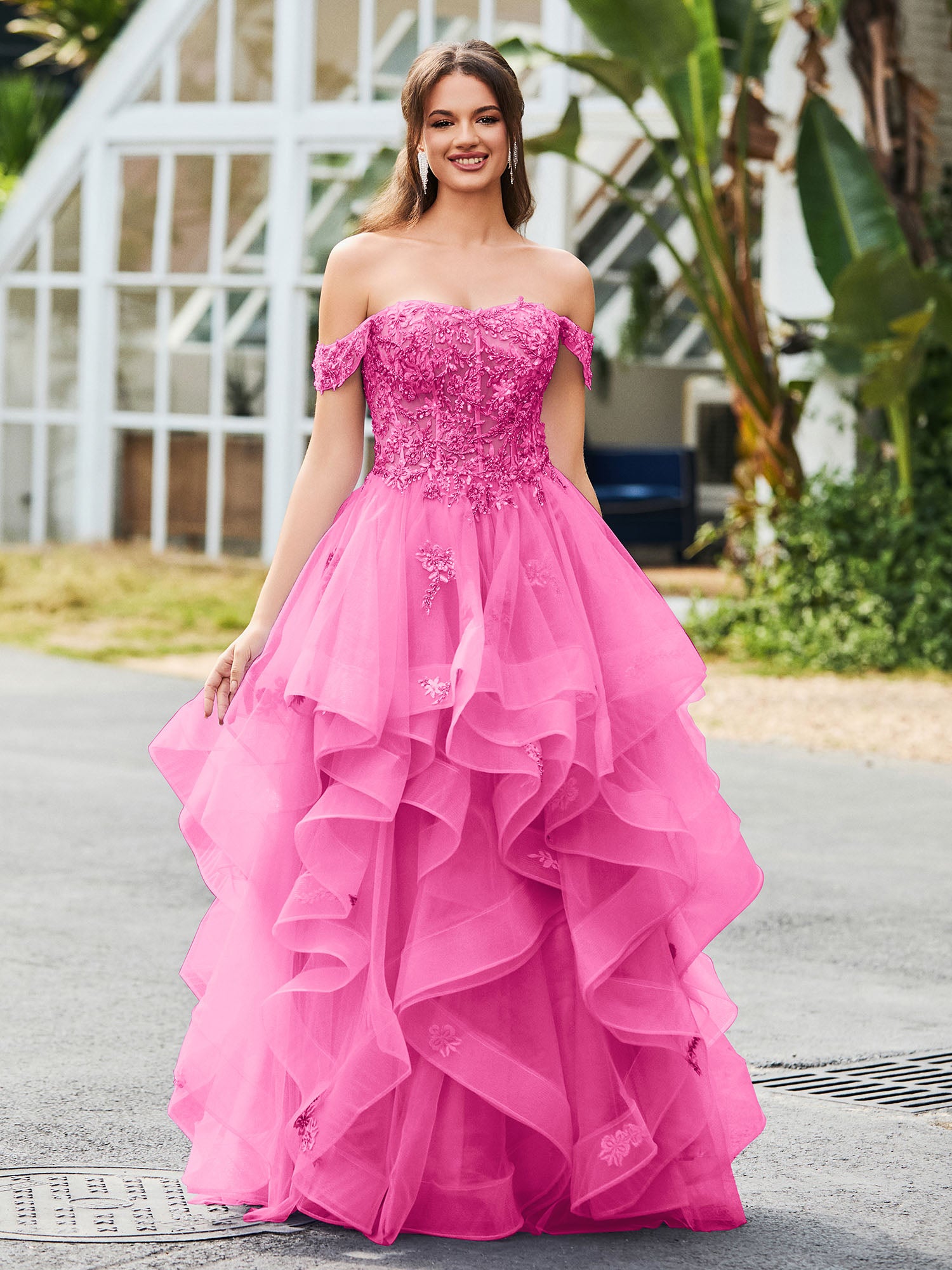 Off-the-shoulder Tulle Prom Dress with Floral Appliqued Lace Azalea ...