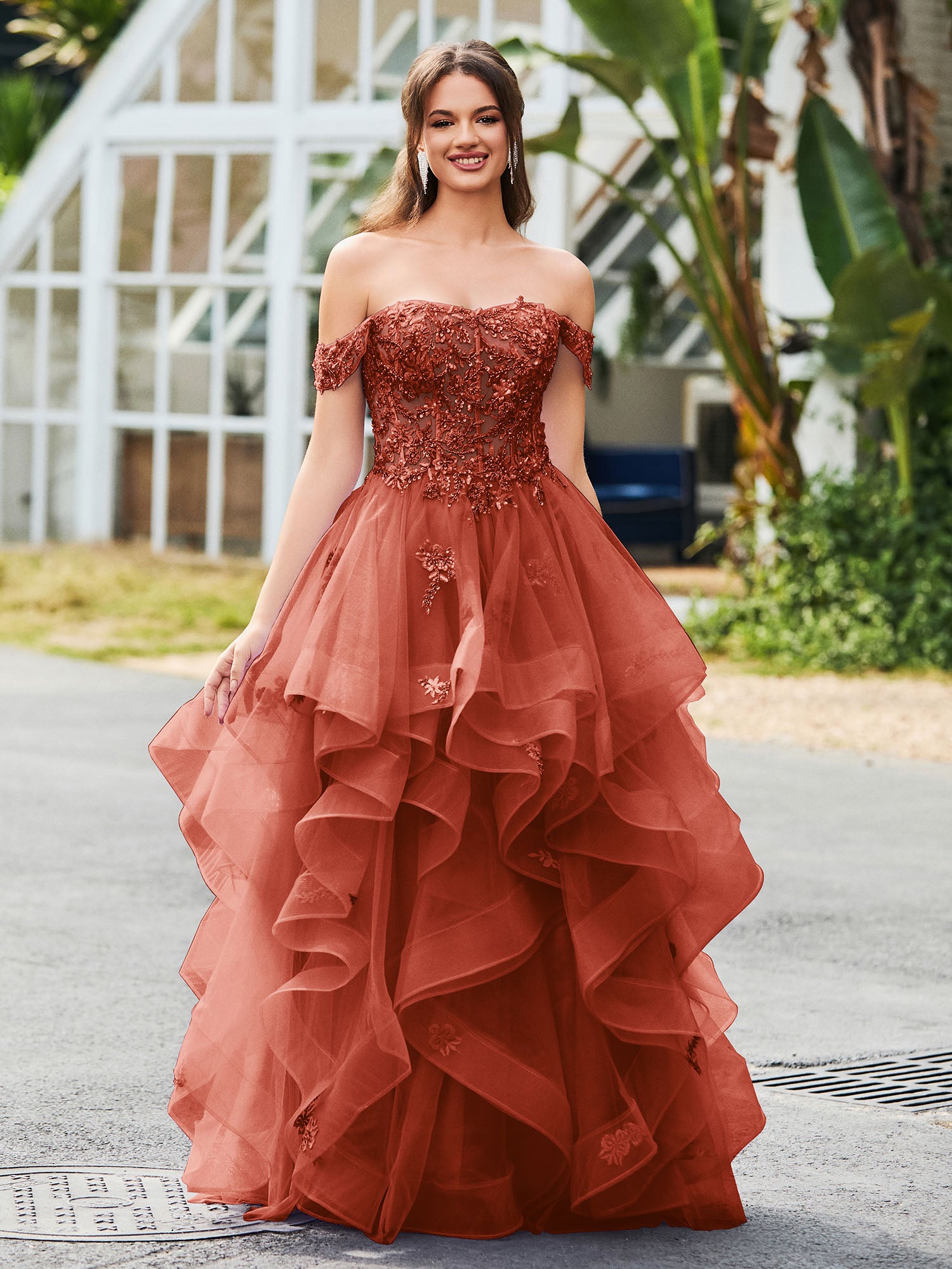 Off-the-shoulder Tulle Prom Dress with Floral Appliqued Lace Rust ...